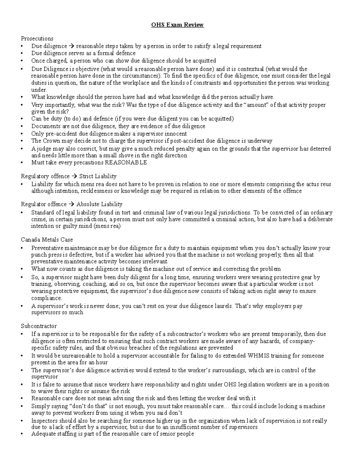 OHS Exam Review - OHS Exam Review Prosecutions • Due diligence ...
