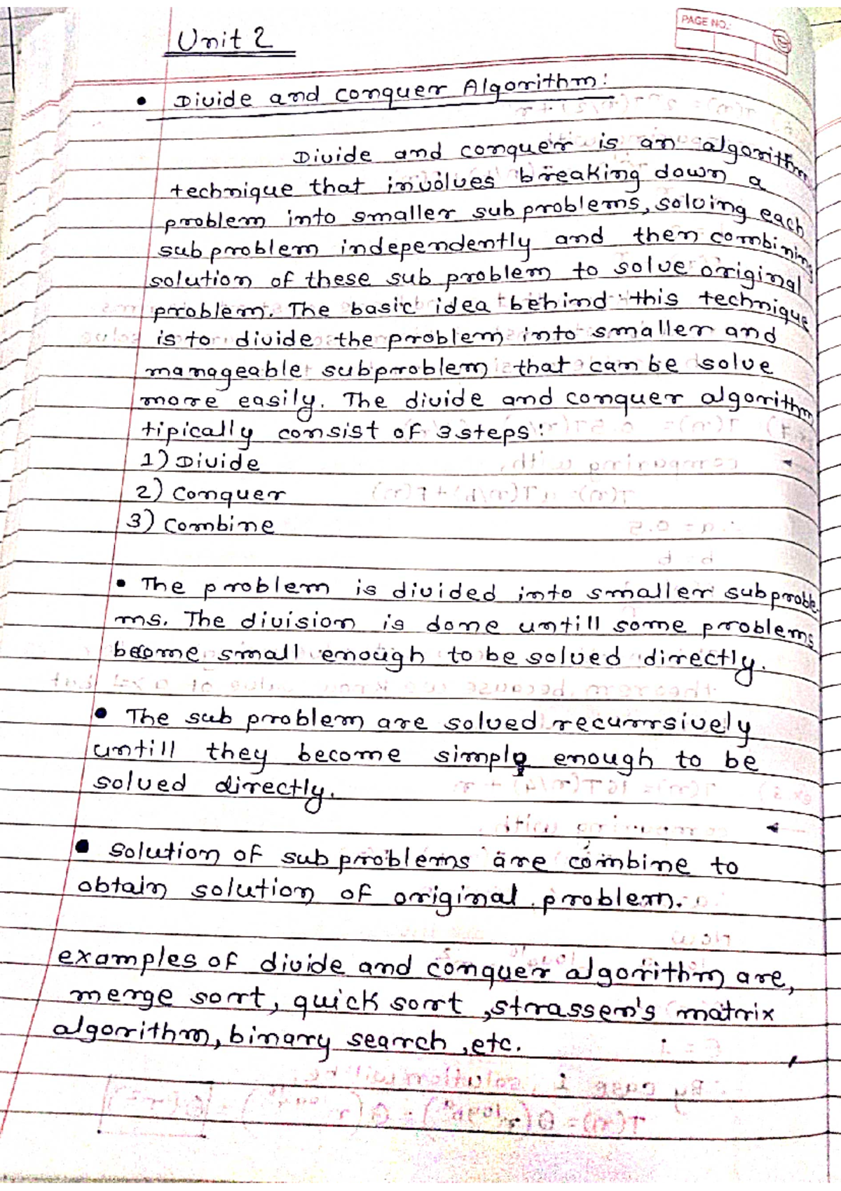 Design and analysis of algorithm Unit 2 - PAGE NO. Unit 2 Divide and conquer Algorithm Divide ...