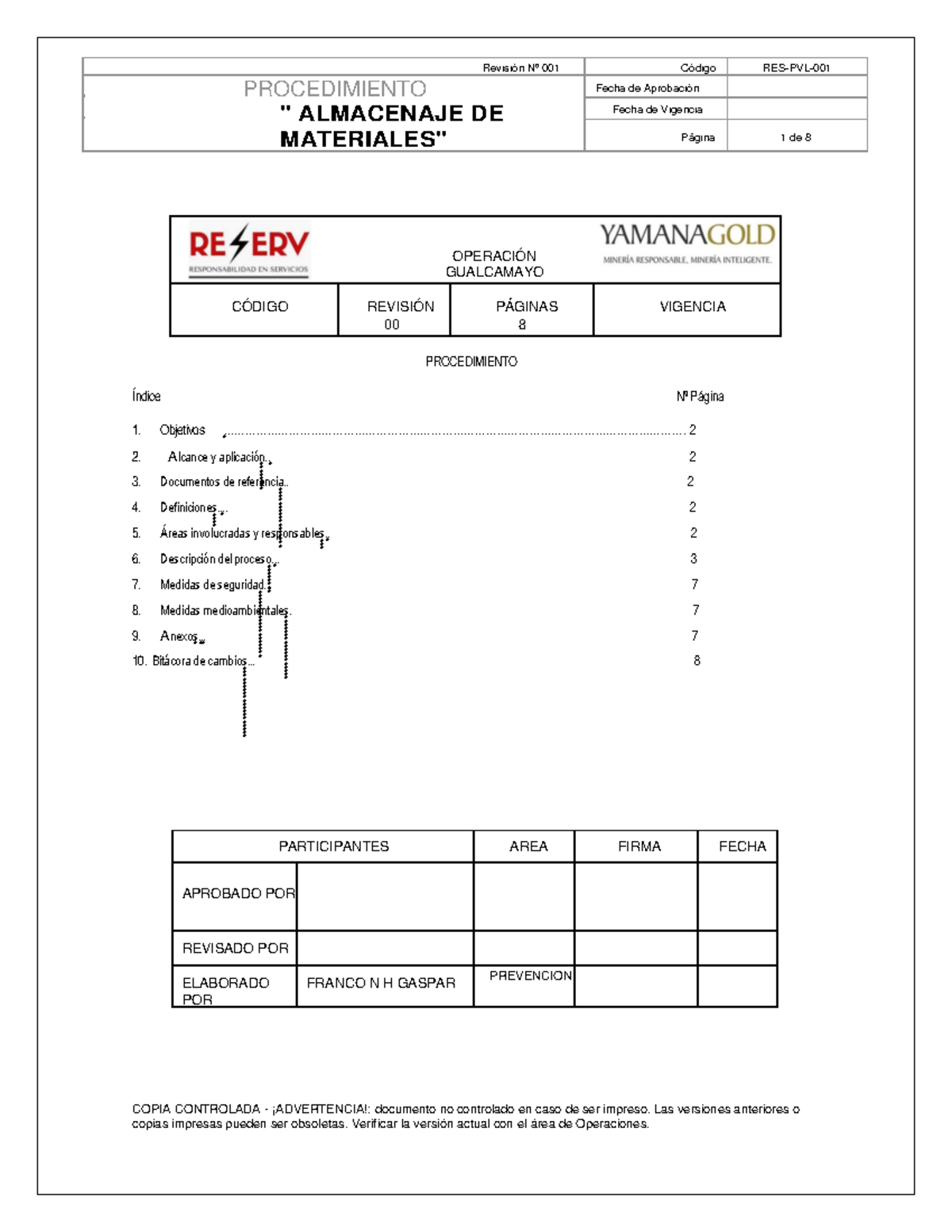 004 Procedimiento DE Almacenamiento DE Materiales - Revisión Nº 001 ...