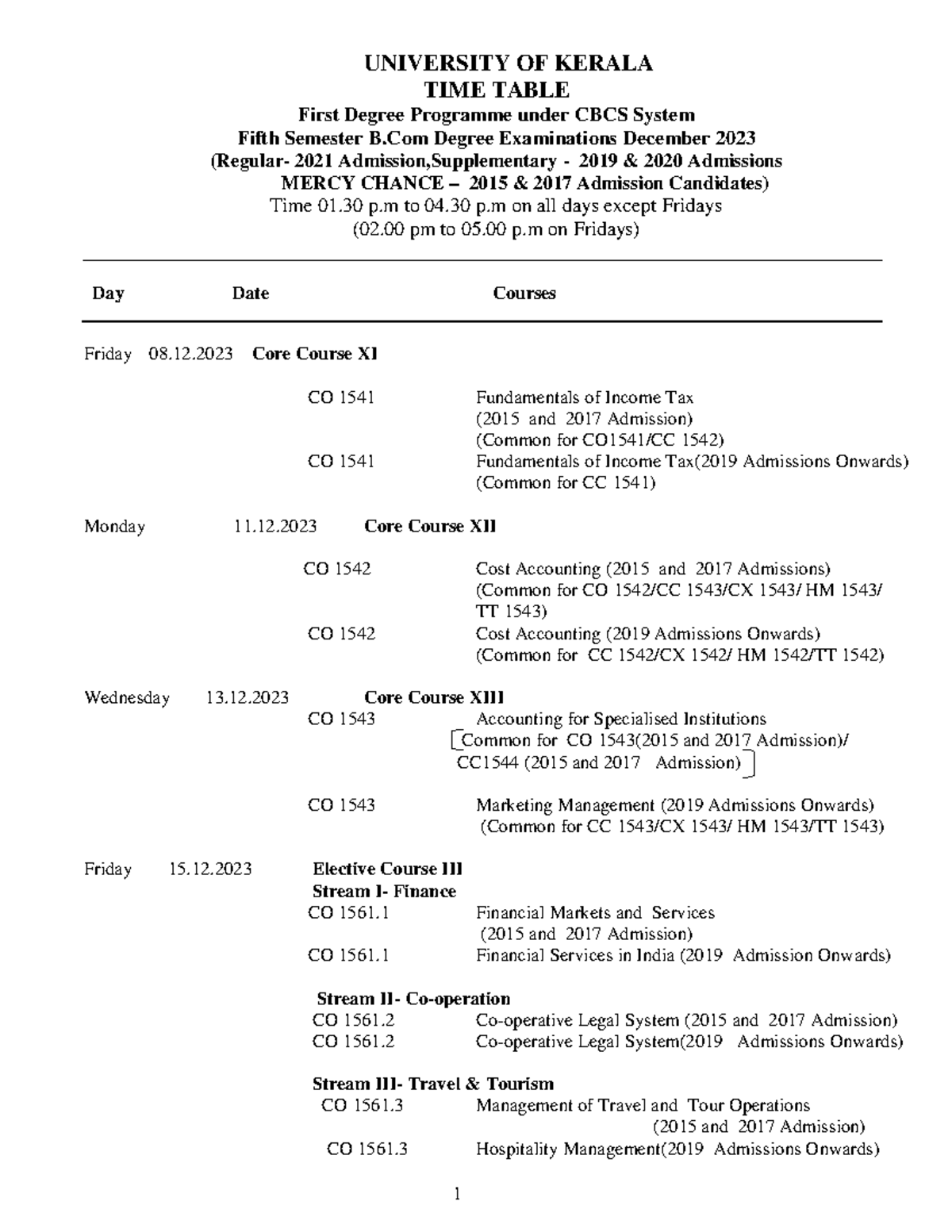 92449 - Nothing - 1 UNIVERSITY OF KERALA TIME TABLE First Degree Programme under CBCS System ...