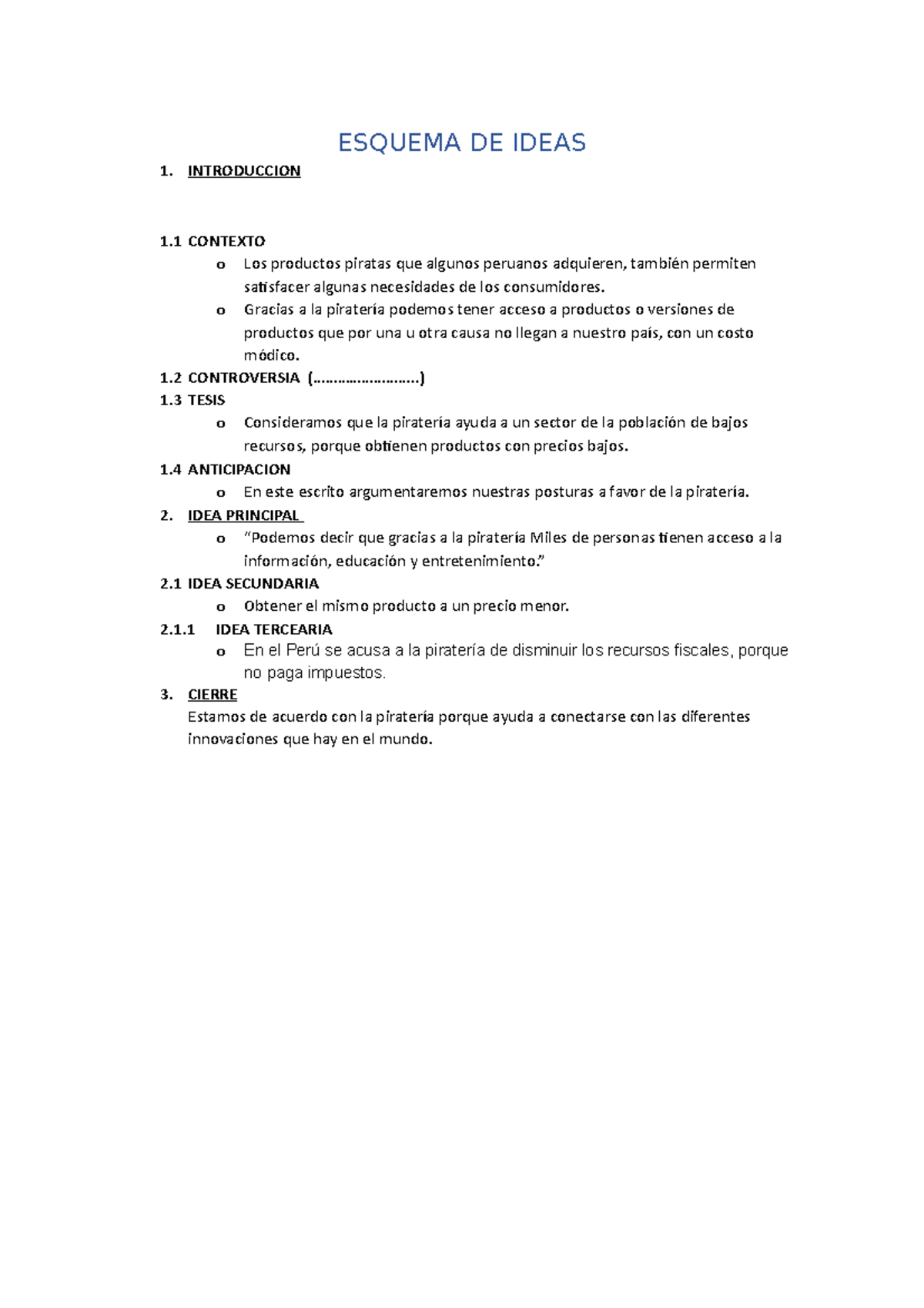 Esquema DE Ideas - Tarea - ESQUEMA DE IDEAS 1. INTRODUCCION 1 CONTEXTO o Los productos piratas ...