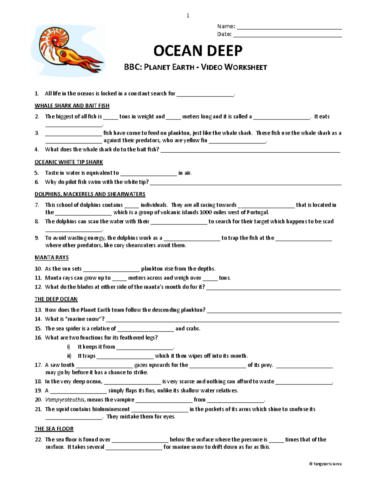 Bbc - planet earth - ocean deep - worksheet - © Tangstar Science 1 Name ...
