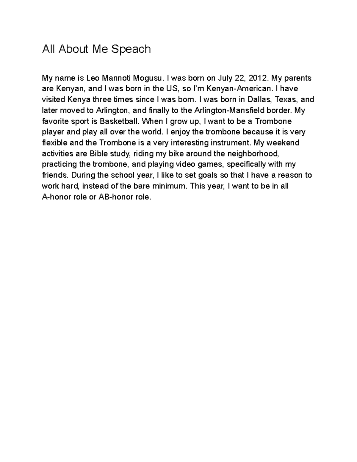 All About Me Speach - Google Docs - All About Me Speach My name is Leo ...