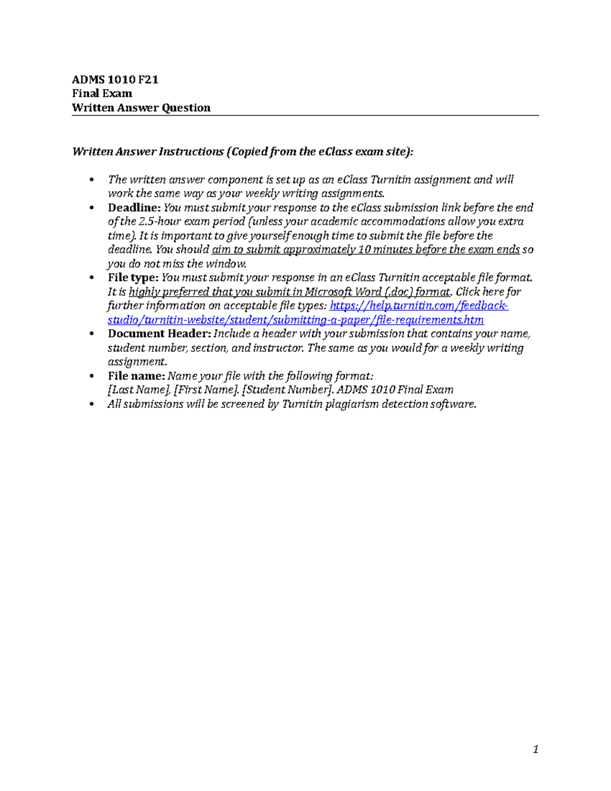 ADMS 1010 F21 Final WAQ - ADMS 1010 F Final Exam Written Answer ...