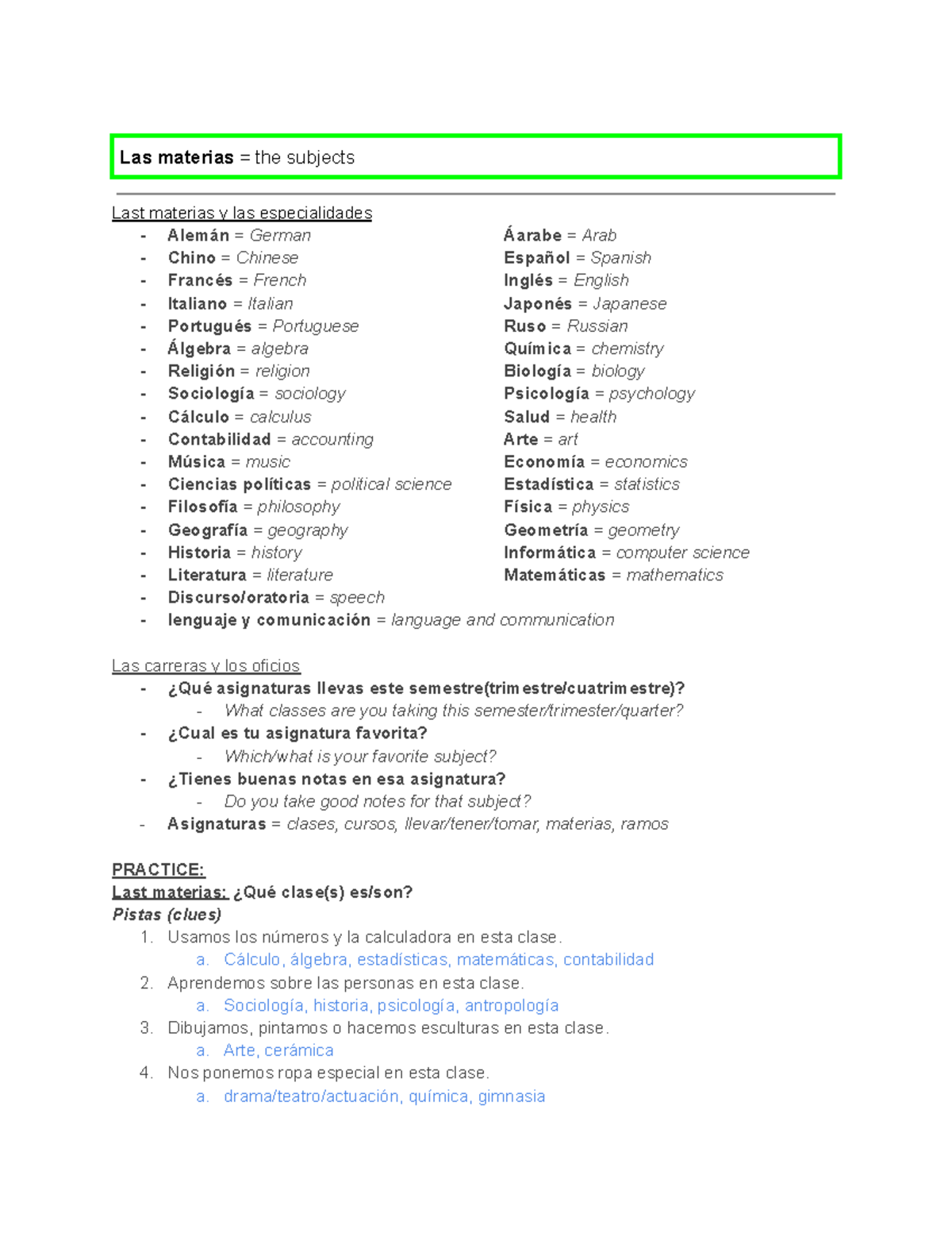 Vocabulario Las materias-2 - Las materias = the subjects Last materias ...