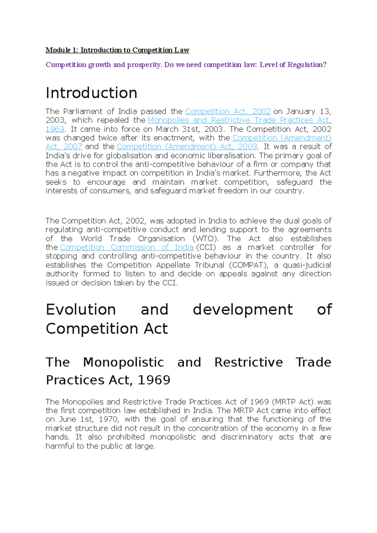 Competition Law - Reference material - Module 1: Introduction to Competition Law Competition ...