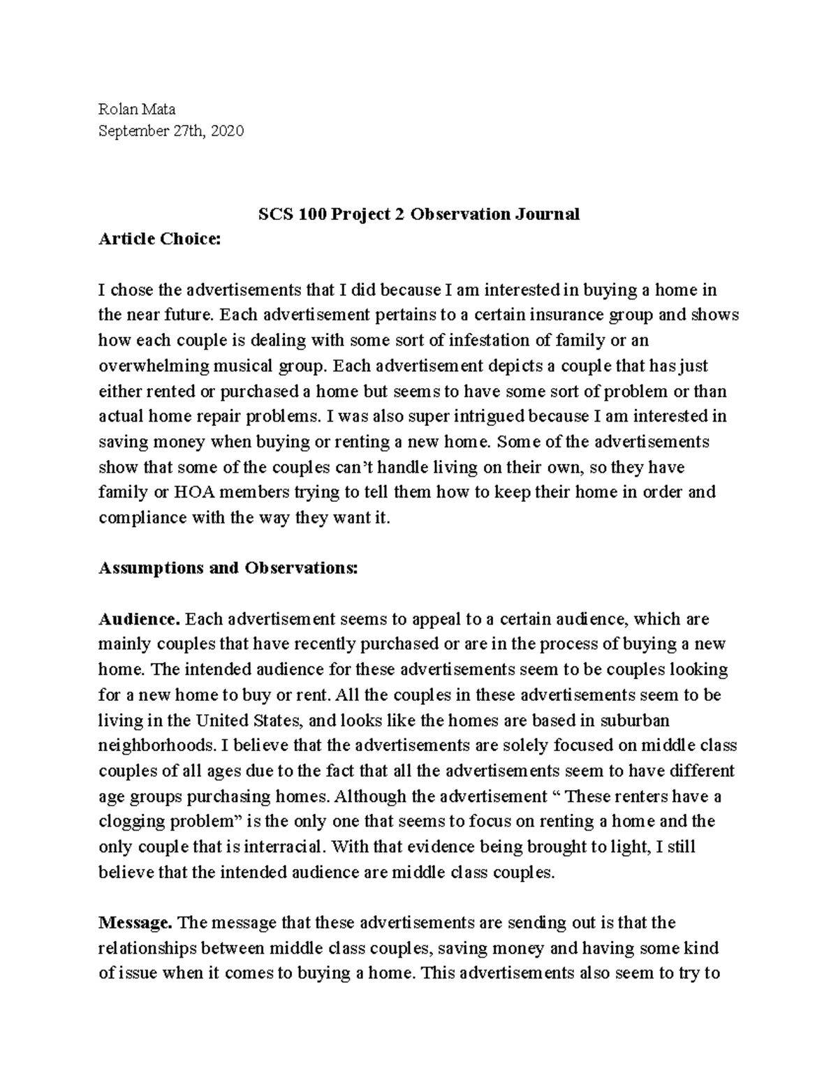 Scs 100 project 2 - good grade - Rolan Mata September 27th, 2020 SCS ...