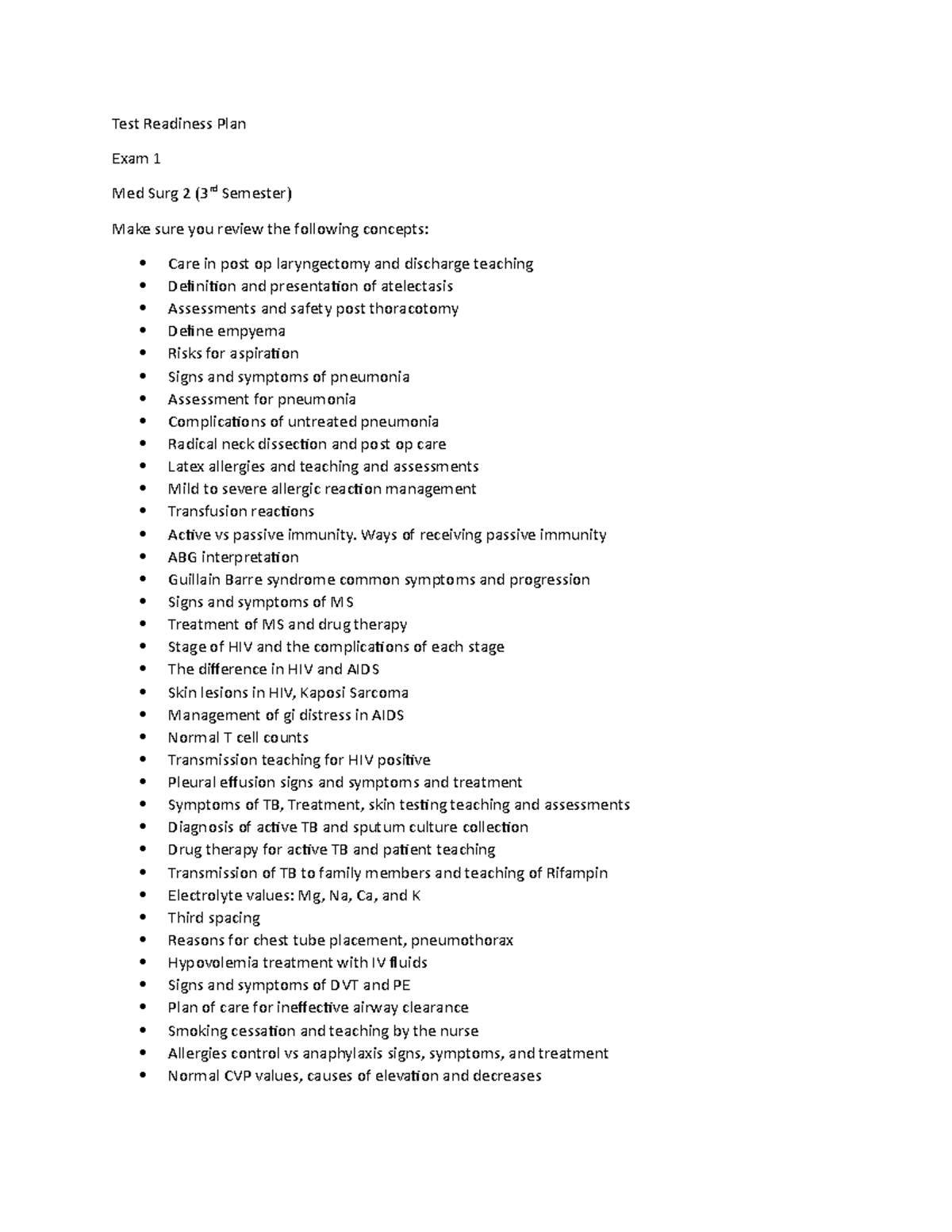 Readiness of Exam 1 Med Surg 2 - Test Readiness Plan Exam 1 Med Surg 2 ...