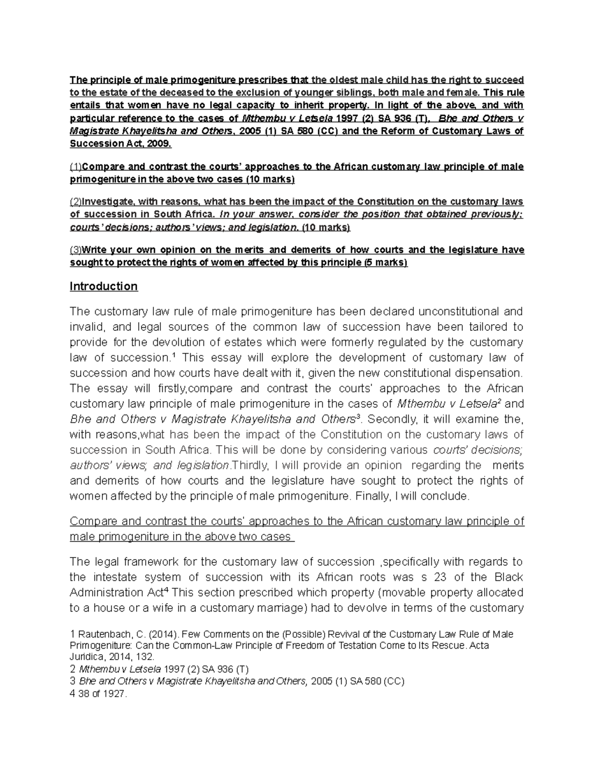 Male primogeniture Week 8 - The principle of male primogeniture ...