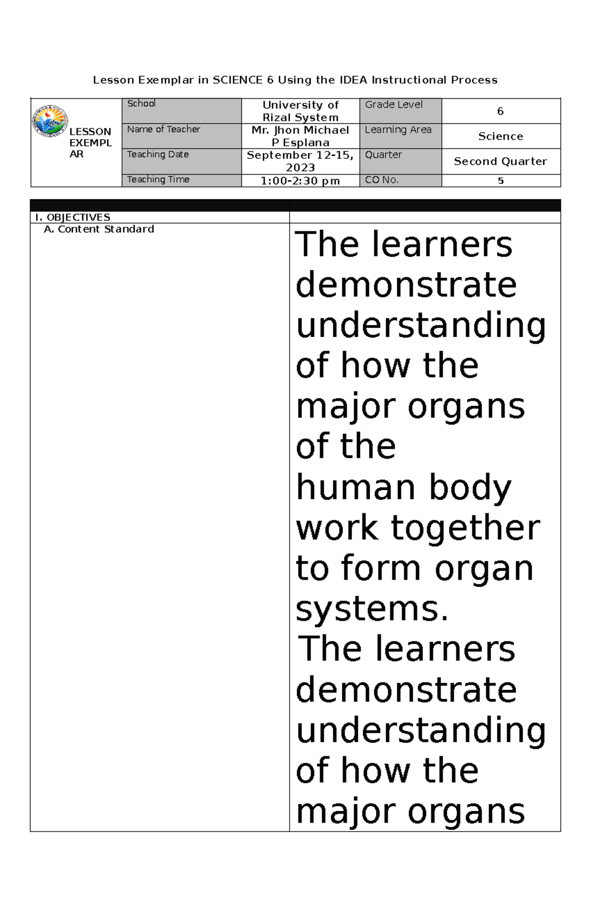 Exemplar-1 - zdgergergerg - Lesson Exemplar in SCIENCE 6 Using the IDEA ...