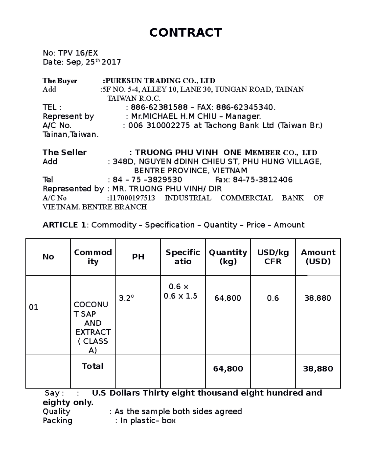 Contract-16.pure-LC - Thư tín giao dịch - CONTRACT No: TPV 16/EX Date: Sep, 25th 2017 The Buyer ...