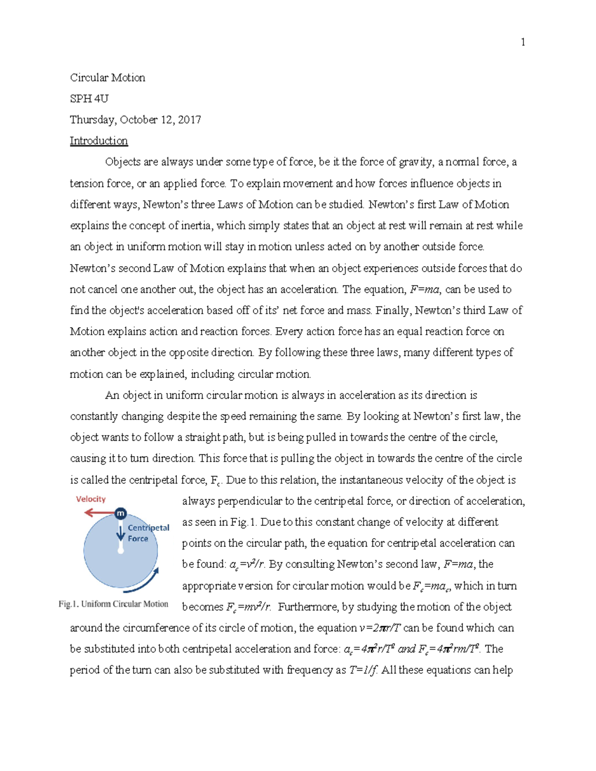 Lab circular motion - lab write-up - Circular Motion SPH 4U Thursday ...