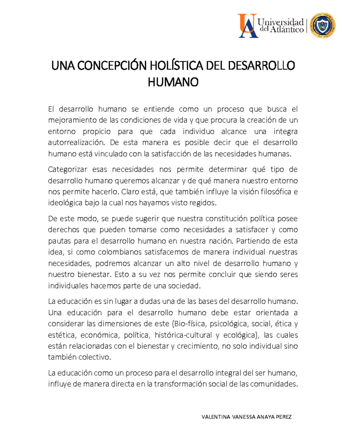 UNA Concepcion Holistica DEL Desarrollo Humano - VALENTINA VANESSA ...