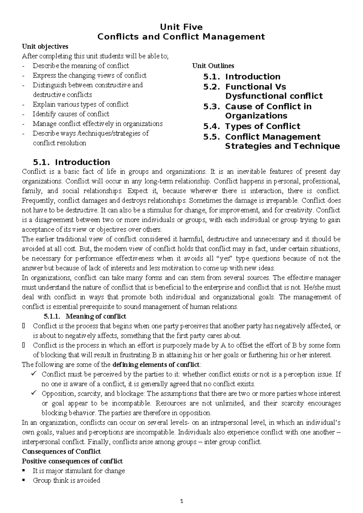 Ch-5 conflict - Unit Five Conflicts and Conflict Management Unit ...