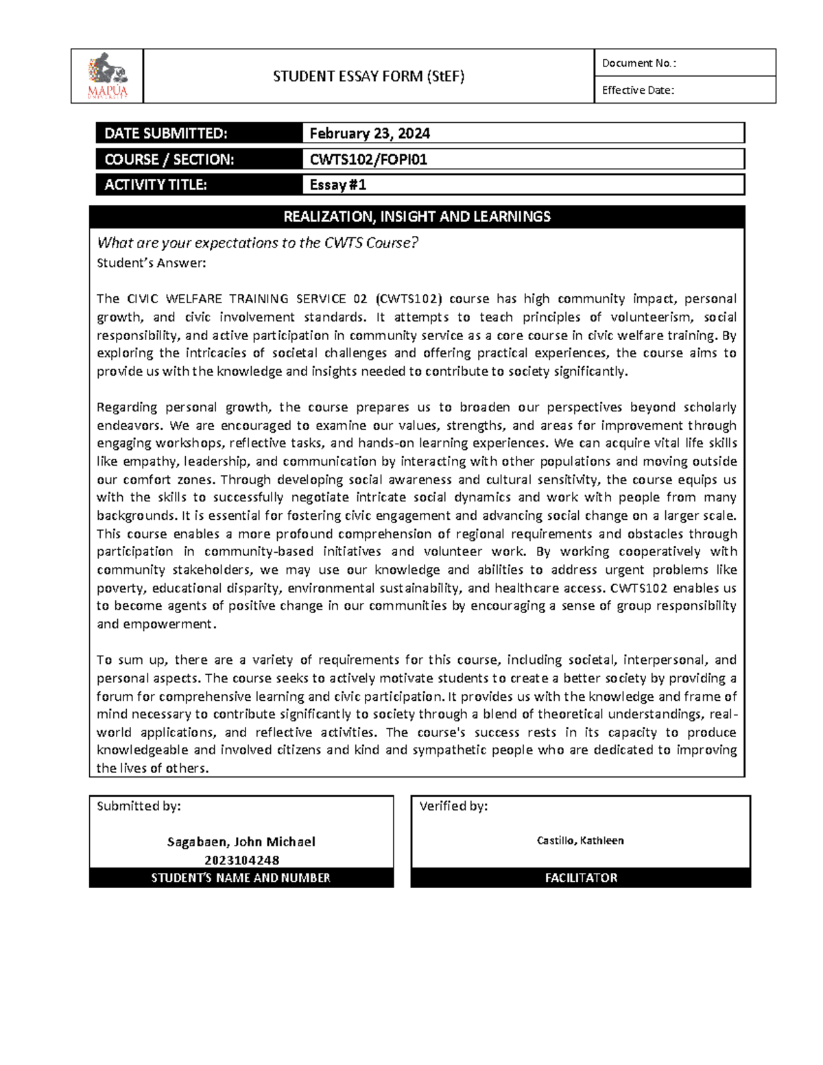 Sagabaen John Michael-CWTS102-FOPI01-E1 - STUDENT ESSAY FORM (StEF ...