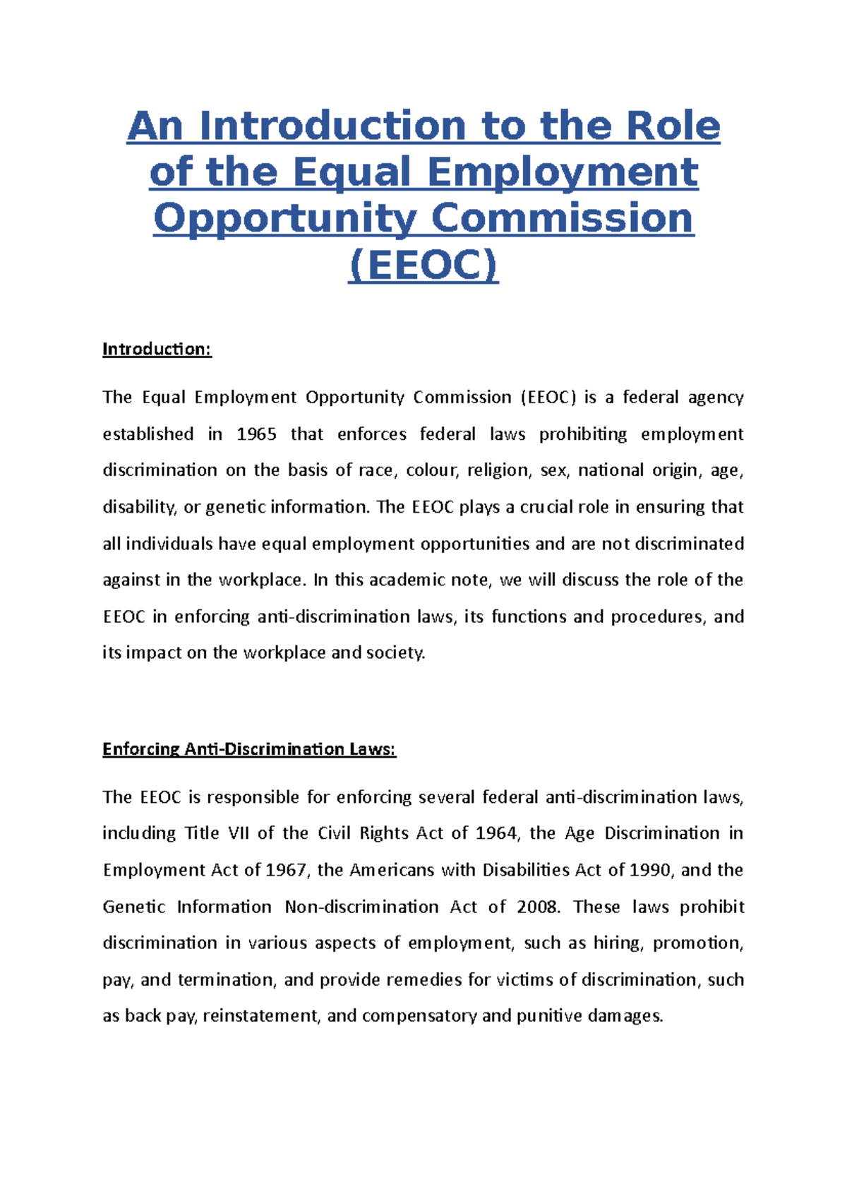 An Introduction to the Role of the Equal Employment Opportunity ...