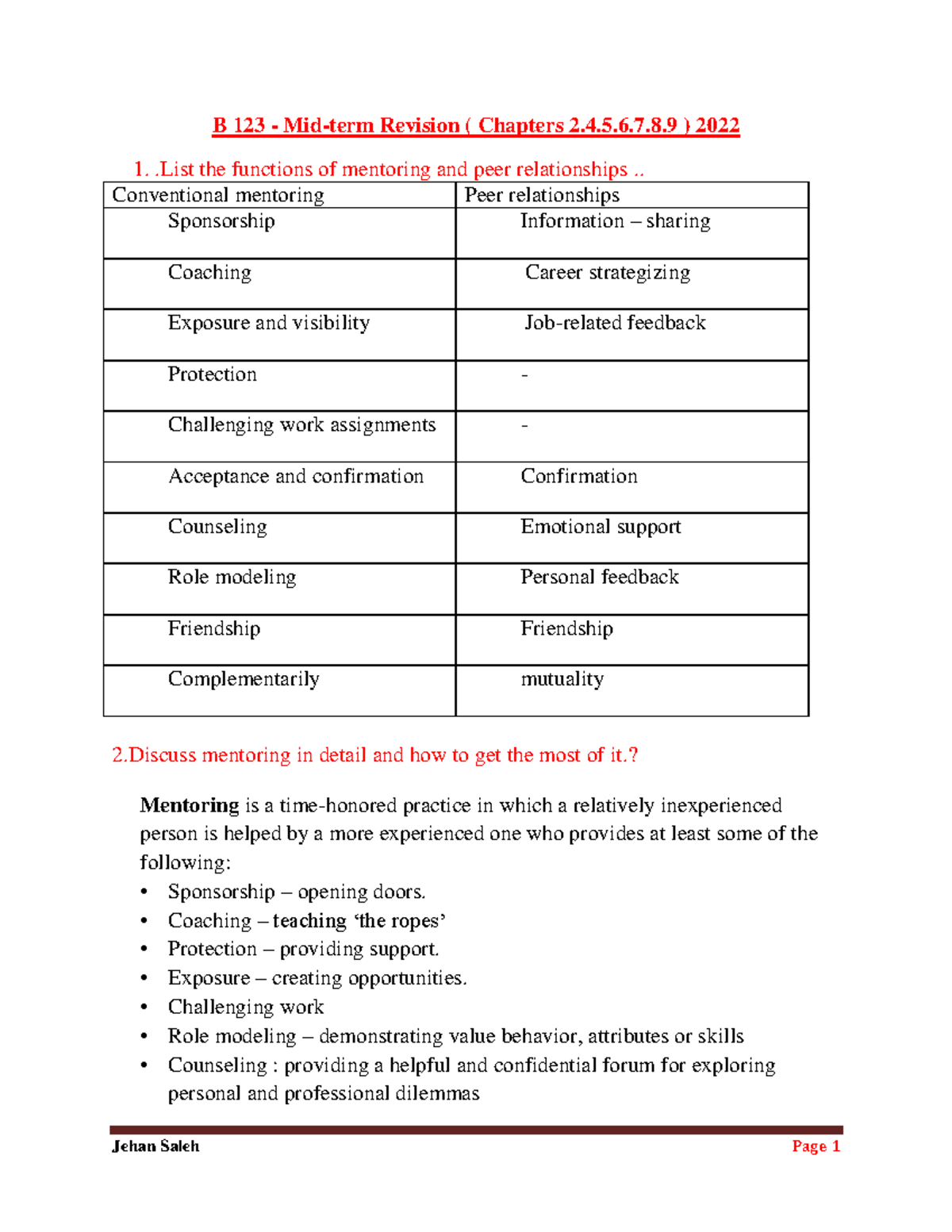 B123 Mid Term Revision 2022 - B 123 - Mid-term Revision ( Chapters 2.4 ...