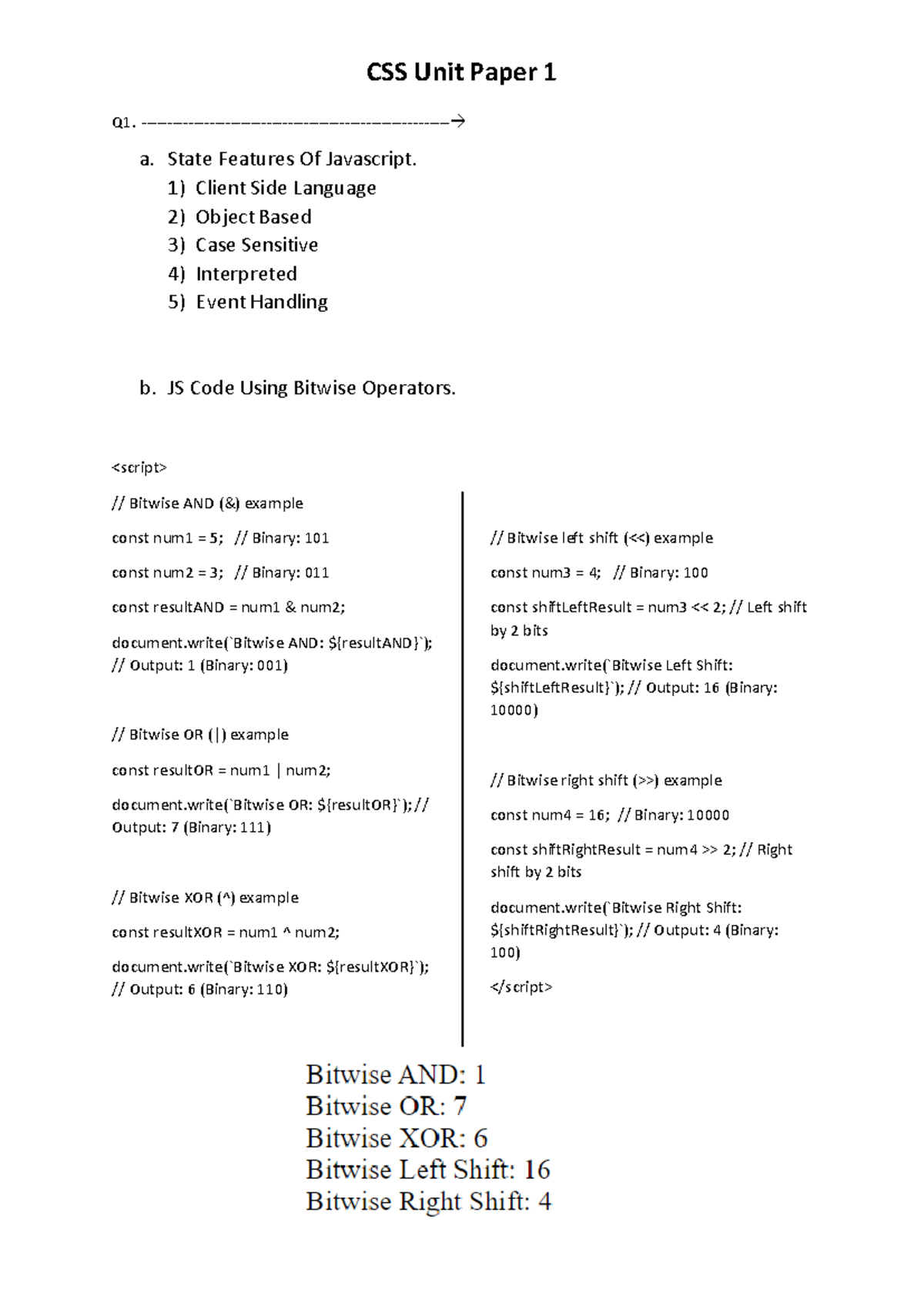 UT paper 1 - Q1. - a. State Features Of Javascript. 1) Client Side ...