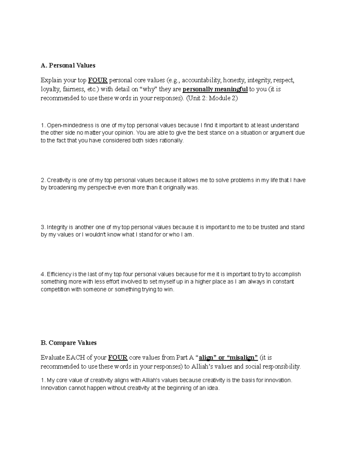 D082 Task 2 - Task 2 - A. Personal Values Explain your top FOUR personal core values (e., - Studocu