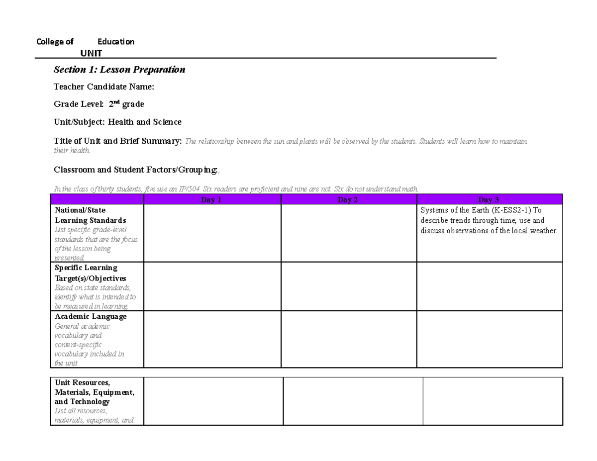 3-day unit plan template - Section 1: Lesson Preparation Teacher ...