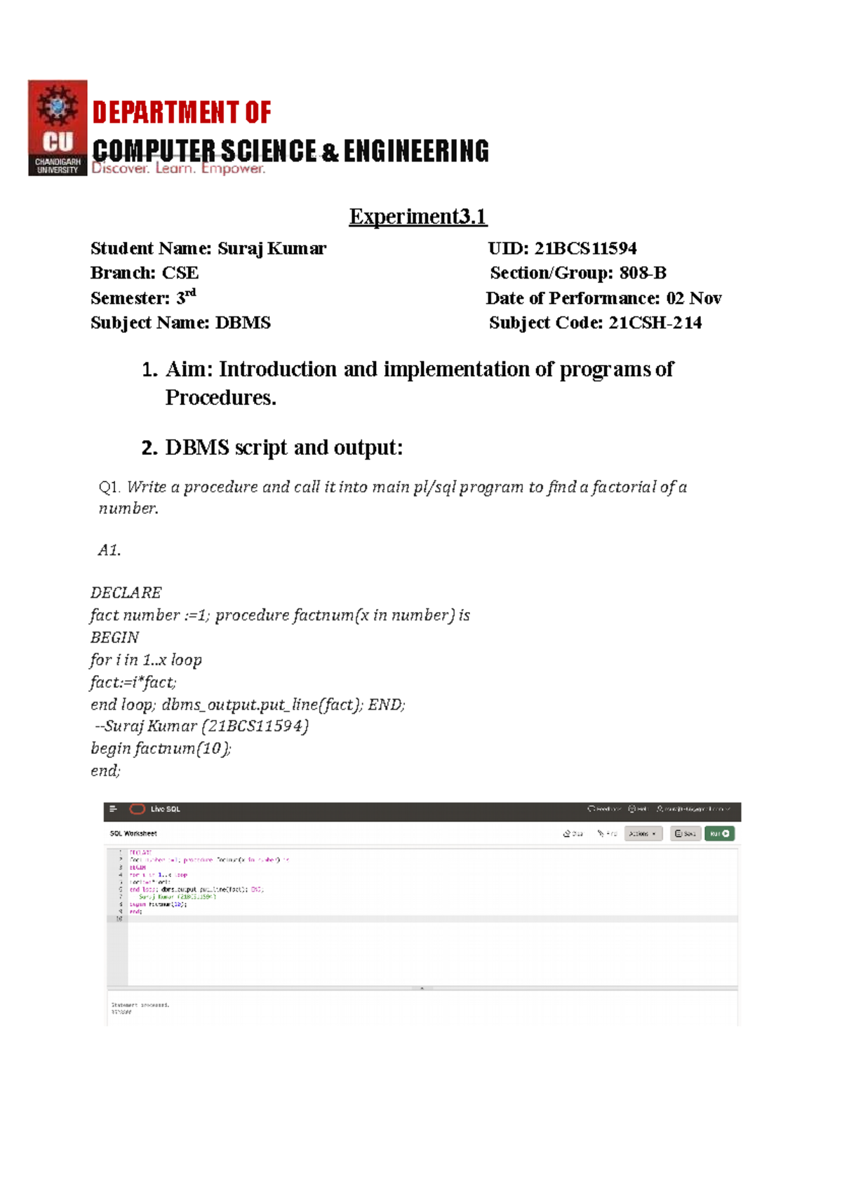 Suraj 3.1 dbms - DBMS Worksheet - DEPARTMENT OF COMPUTER SCIENCE & ENGINEERING Experiment3 ...