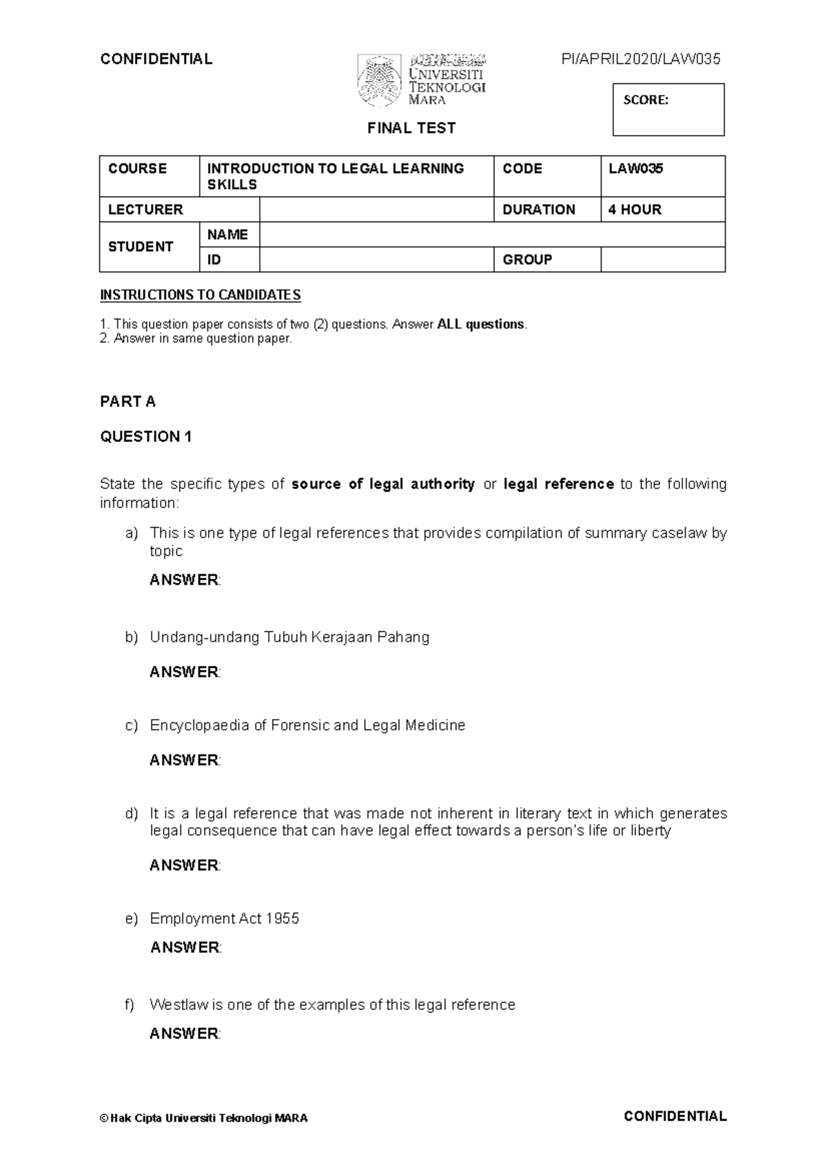 Final Questions April 2021 - FINAL TEST COURSE INTRODUCTION TO LEGAL ...