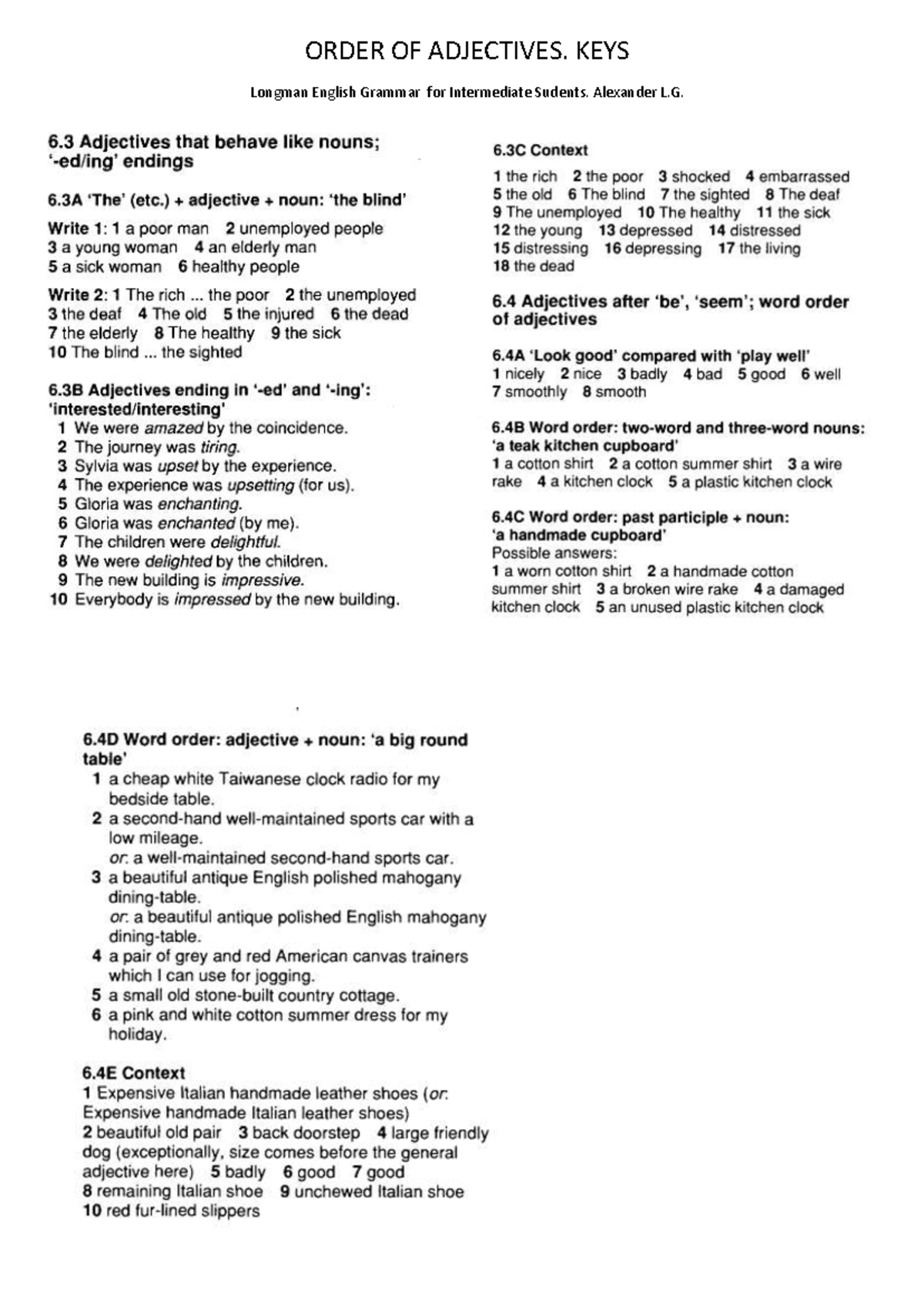 KEY Order OF Adjectives - Inglés - ORDER OF ADJECTIVES. KEYS Longman English Grammar for - Studocu
