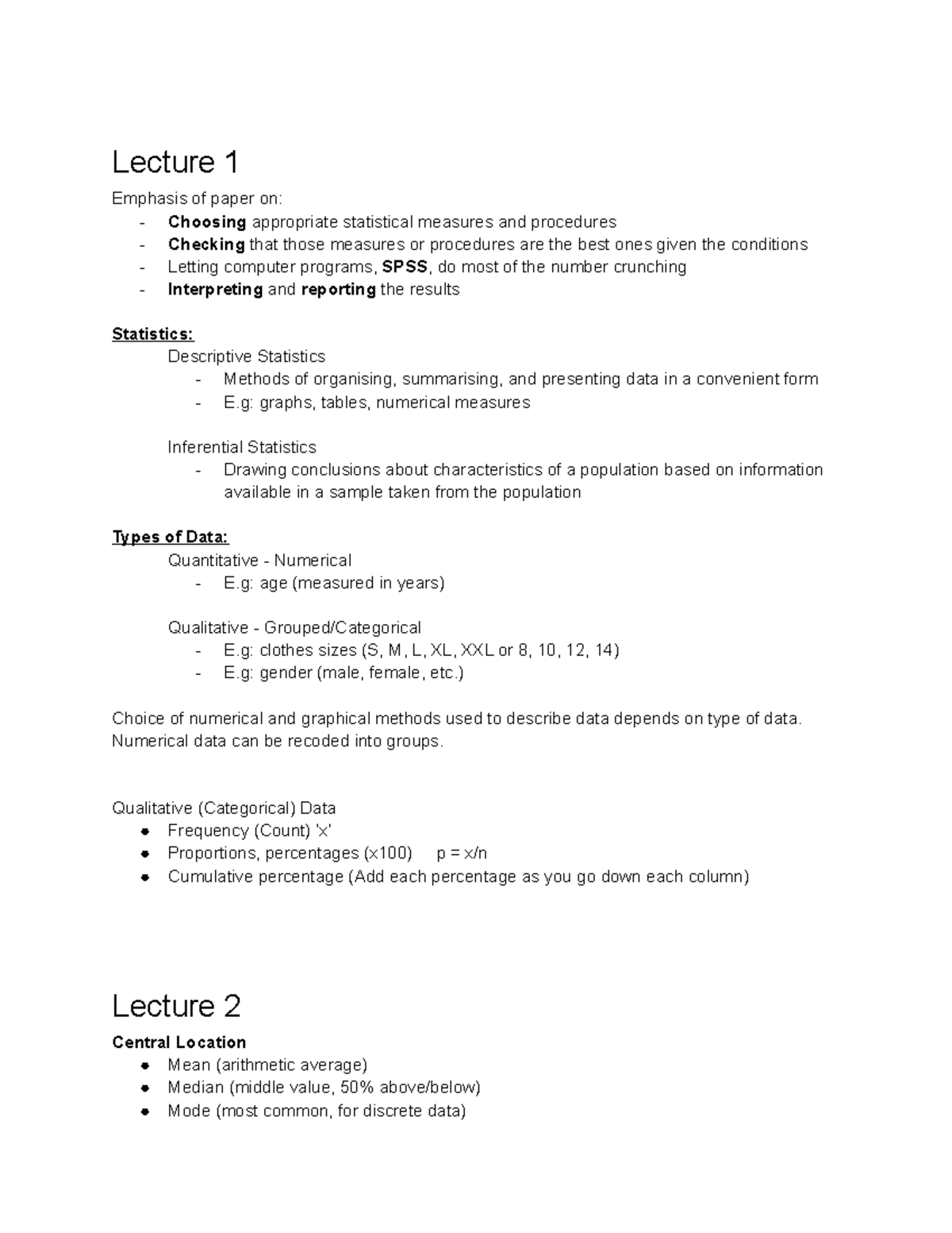BSNS112 Lecture 1-3 - Lecture 1 Emphasis of paper on: - Choosing appropriate statistical ...