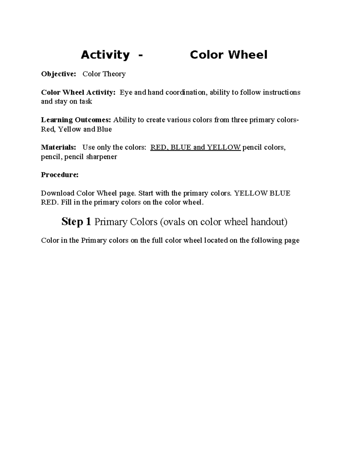 Color Theory Artn Children - Activity - Color Wheel Objective: Color ...