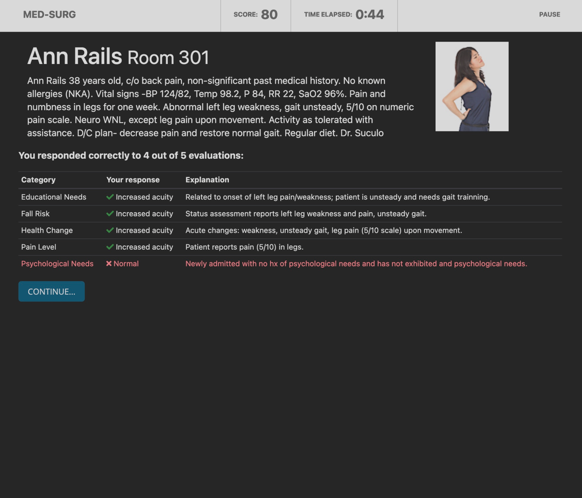 Med-Surge Swift River - Ann Rails - SCORE: 80 TIME ELAPSED: 0:44 PAUSE ...