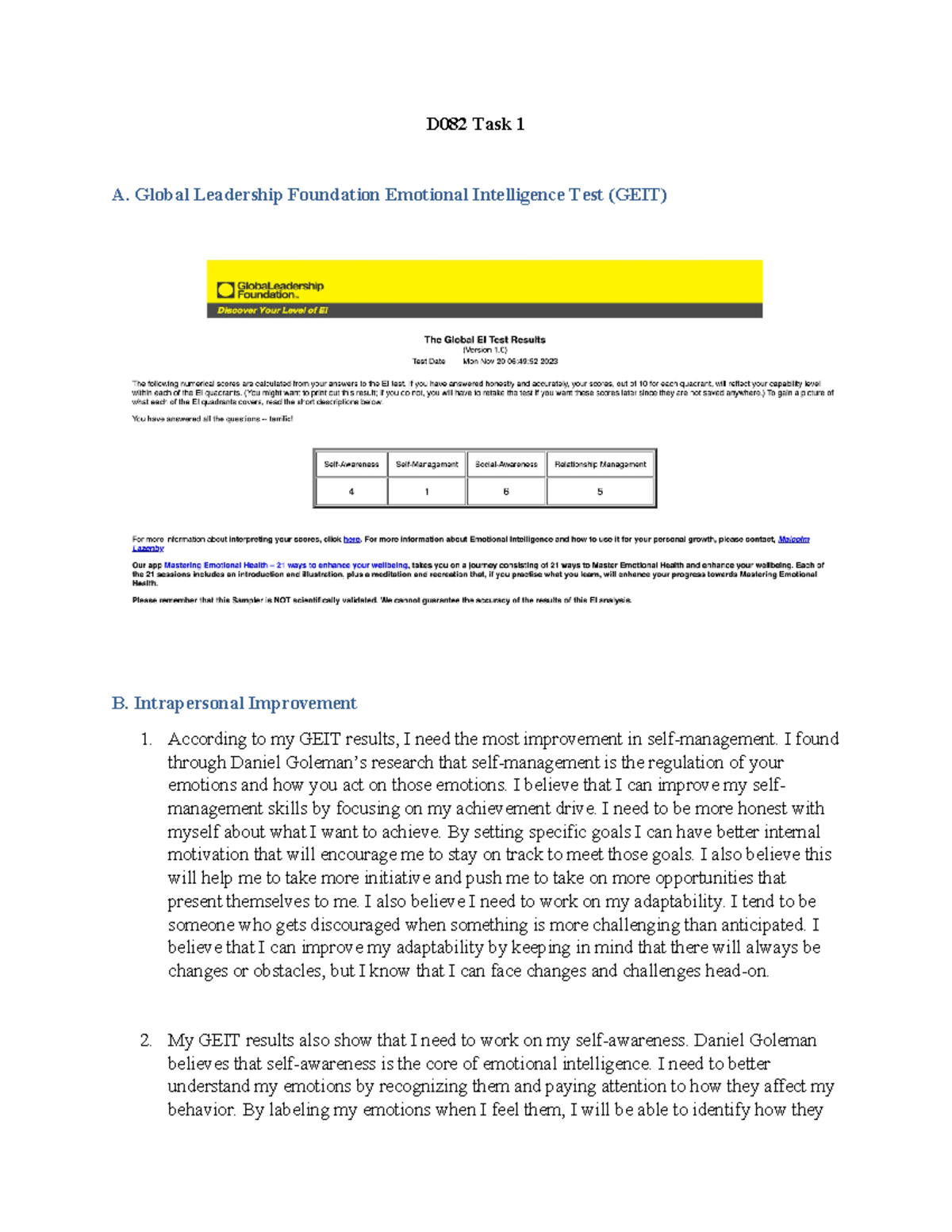 D082 Task 1 - D082 Task 1 A. Global Leadership Foundation Emotional ...