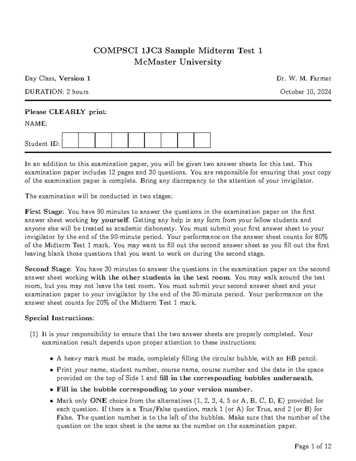 Midterm 1 Sample 2024 Help Session Notes Compsci 1jc3 Sample Midterm Test 1 Mcmaster