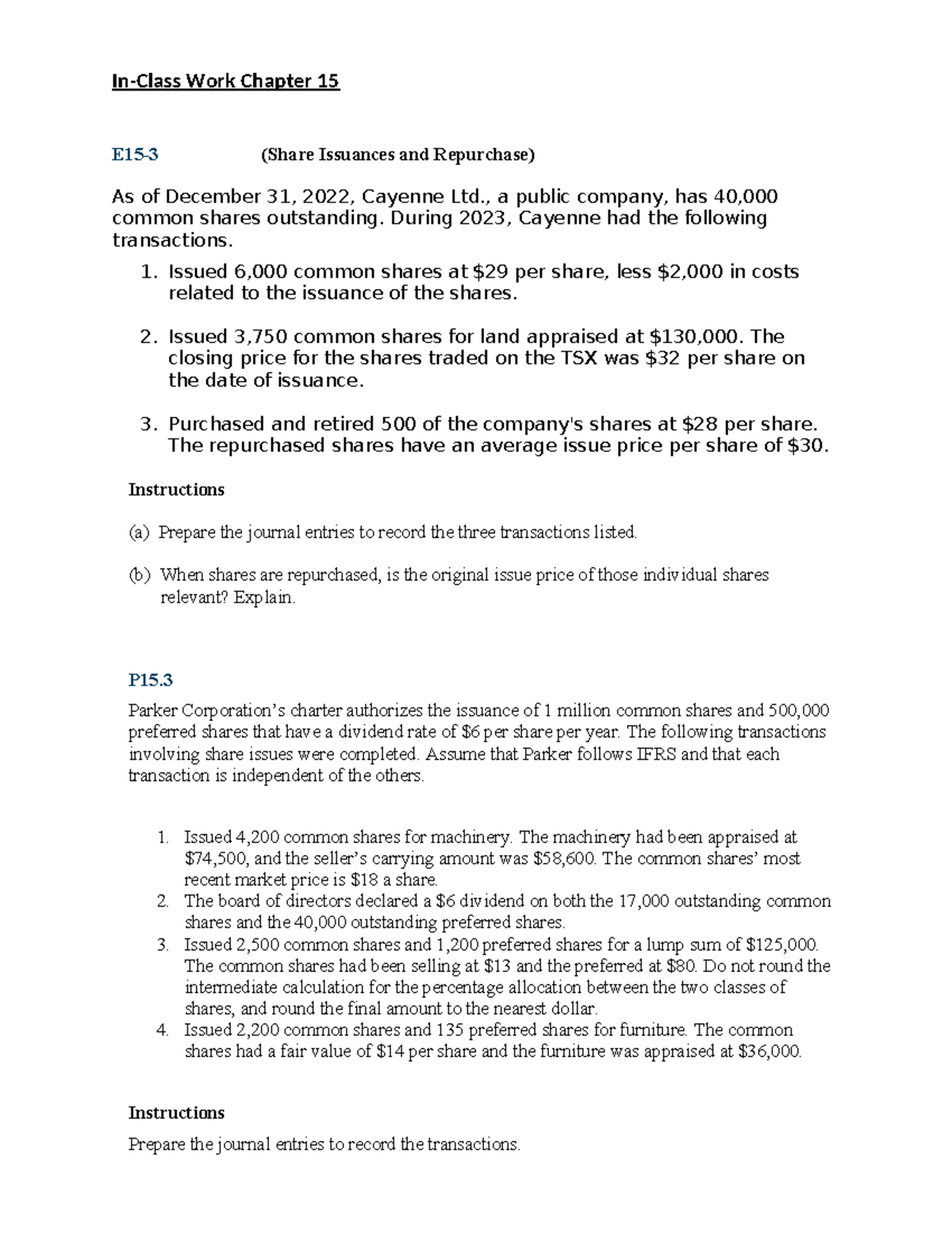 In-class work Chapter 15 - In-Class Work Chapter 15 E15-3 (Share ...