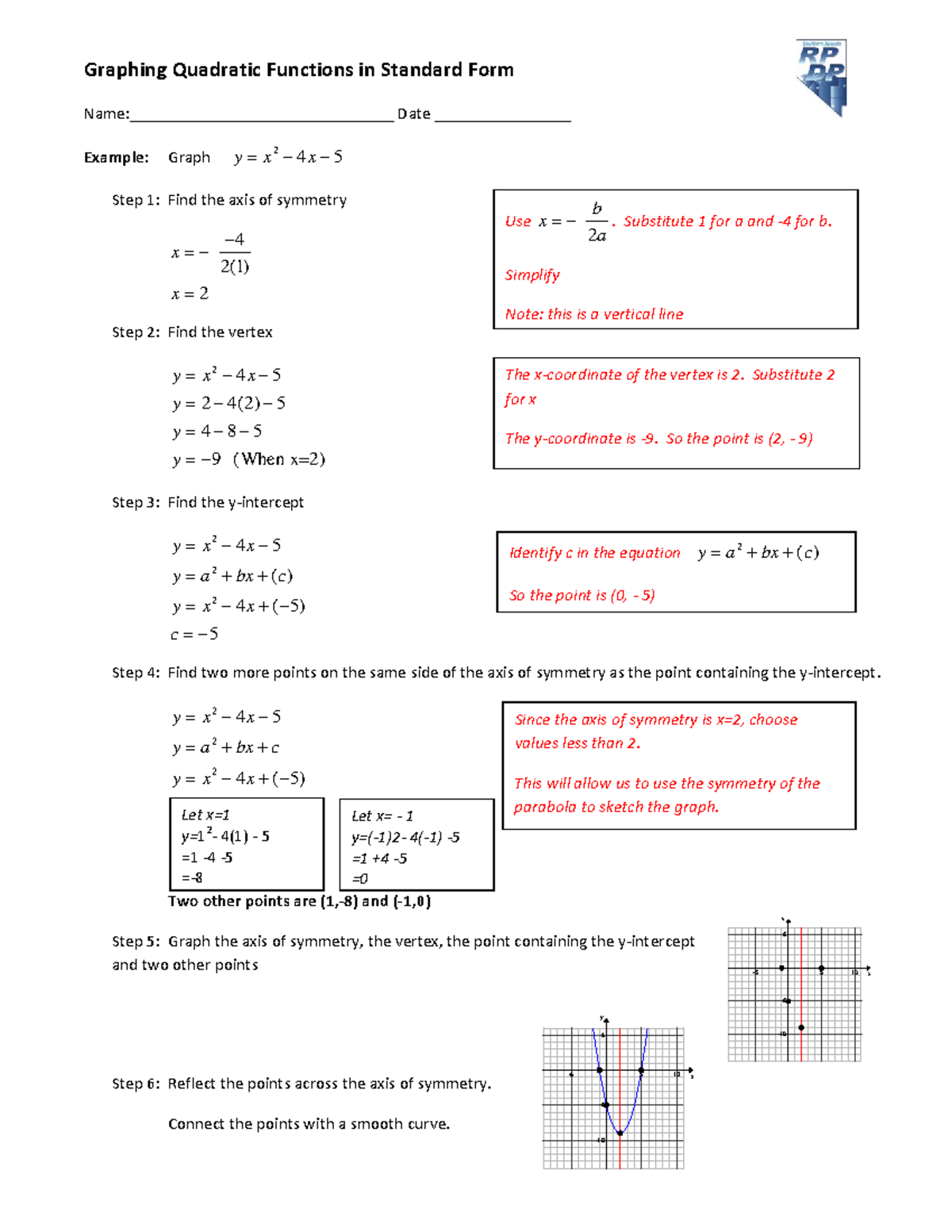 Graphing quadratics in standard form.pdf 1 -5 5 10 - 5 x y -5 5 10 - 5 ...