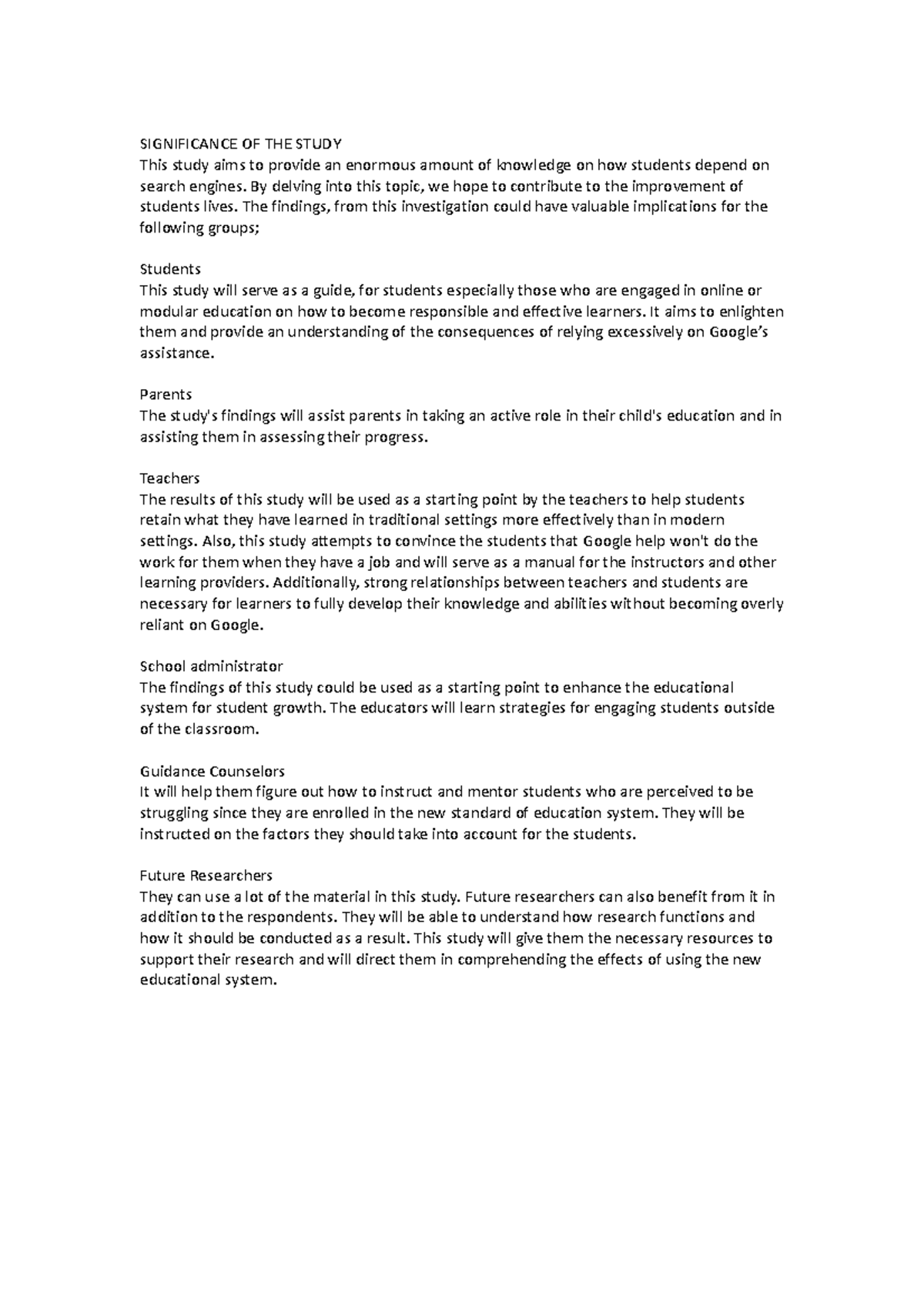 Significance OF THE Study - SIGNIFICANCE OF THE STUDY This study aims ...