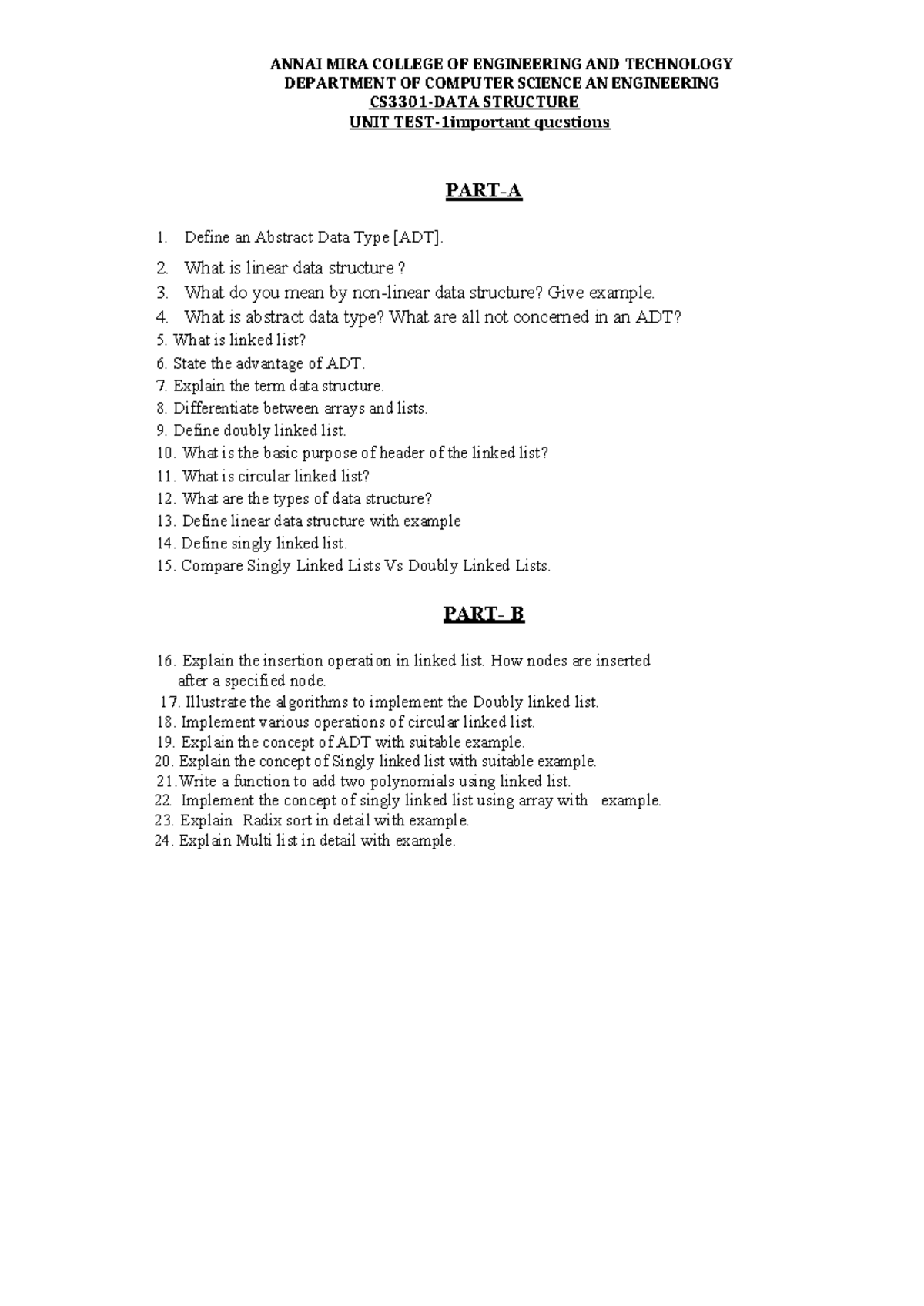 DS Unit 1 Qbank - QUESTION BANK - ANNAI MIRA COLLEGE OF ENGINEERING AND TECHNOLOGY DEPARTMENT OF ...