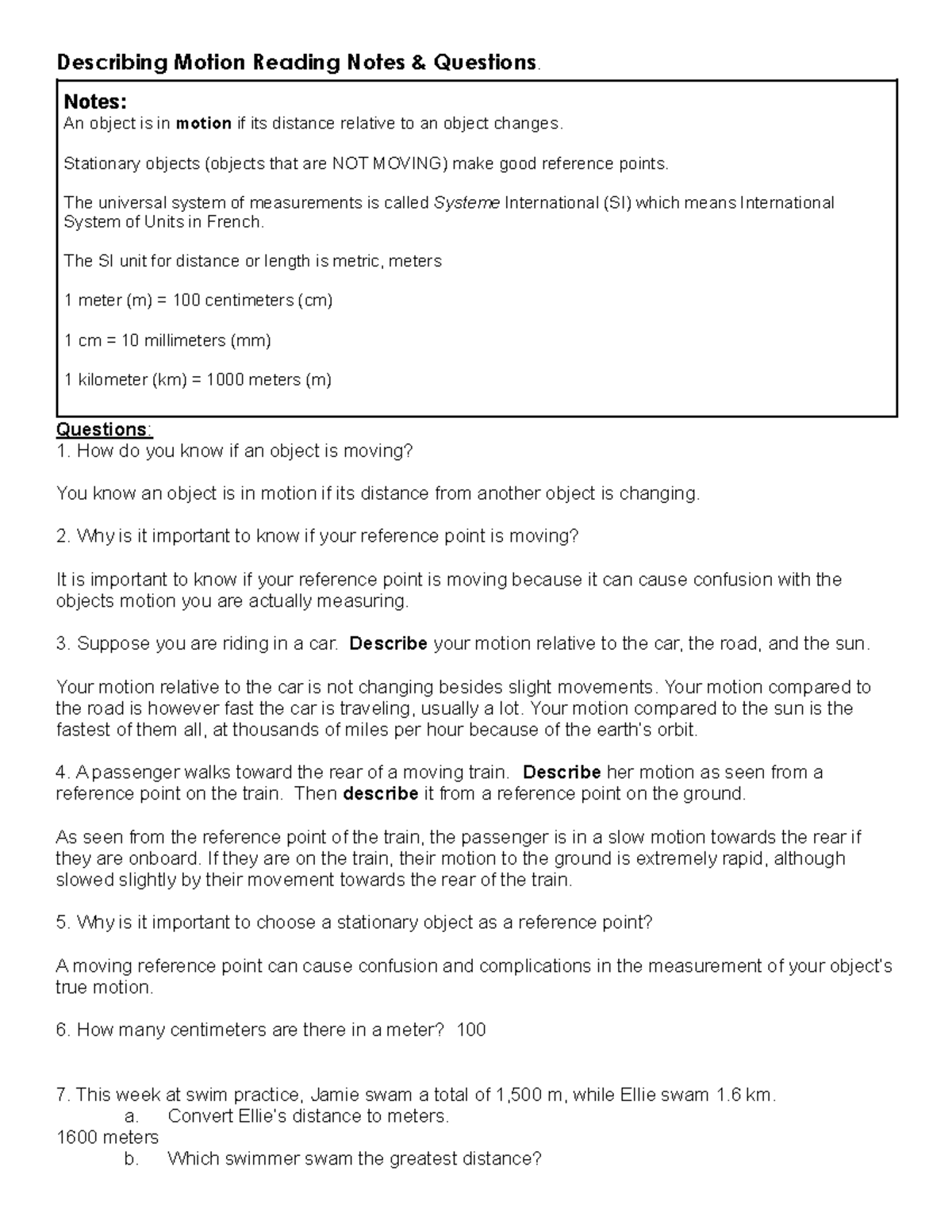describing motion practice - Describing Motion Reading Notes ...