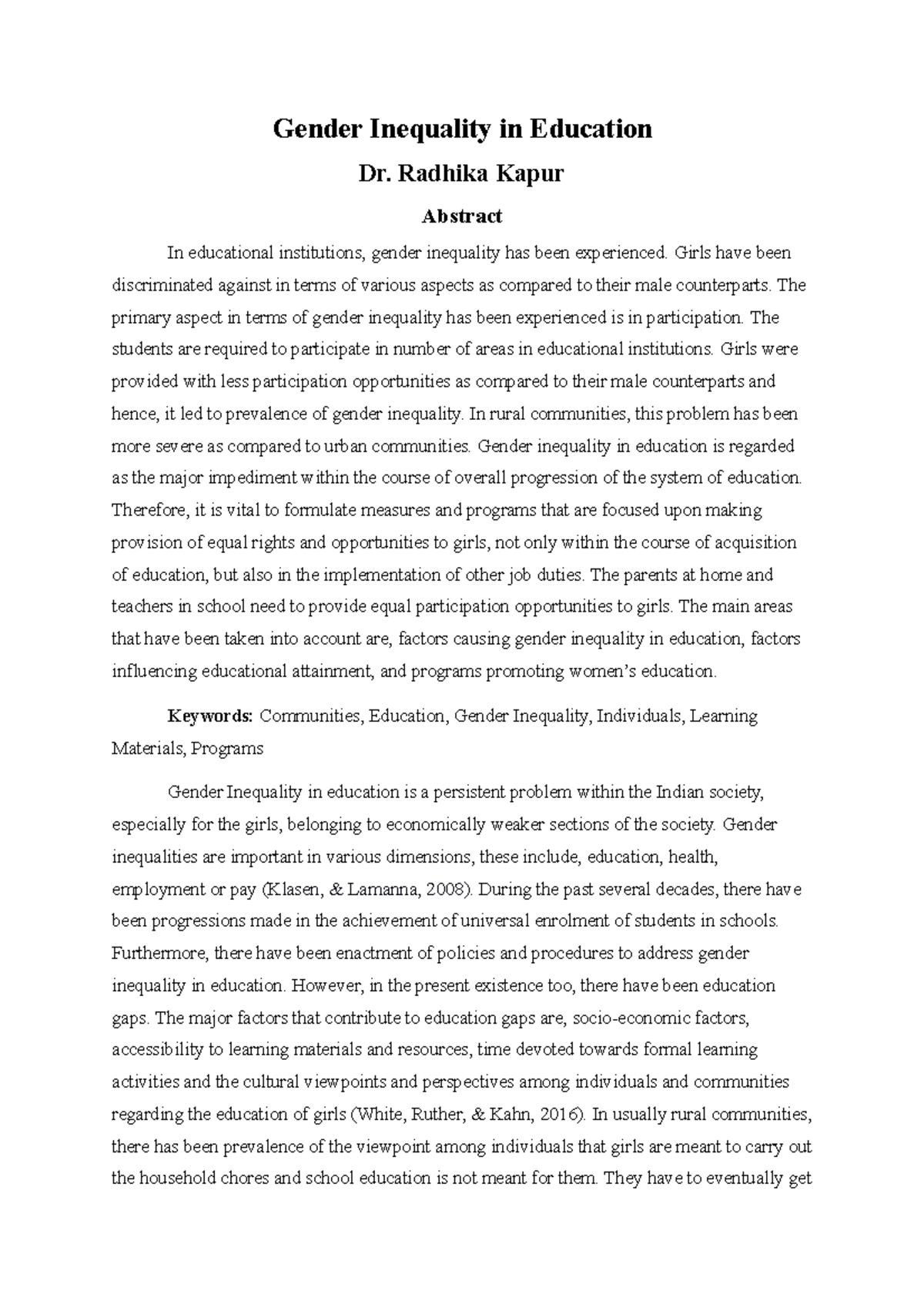 Gender Inequalityin Education Example Paper - Gender Inequality in ...