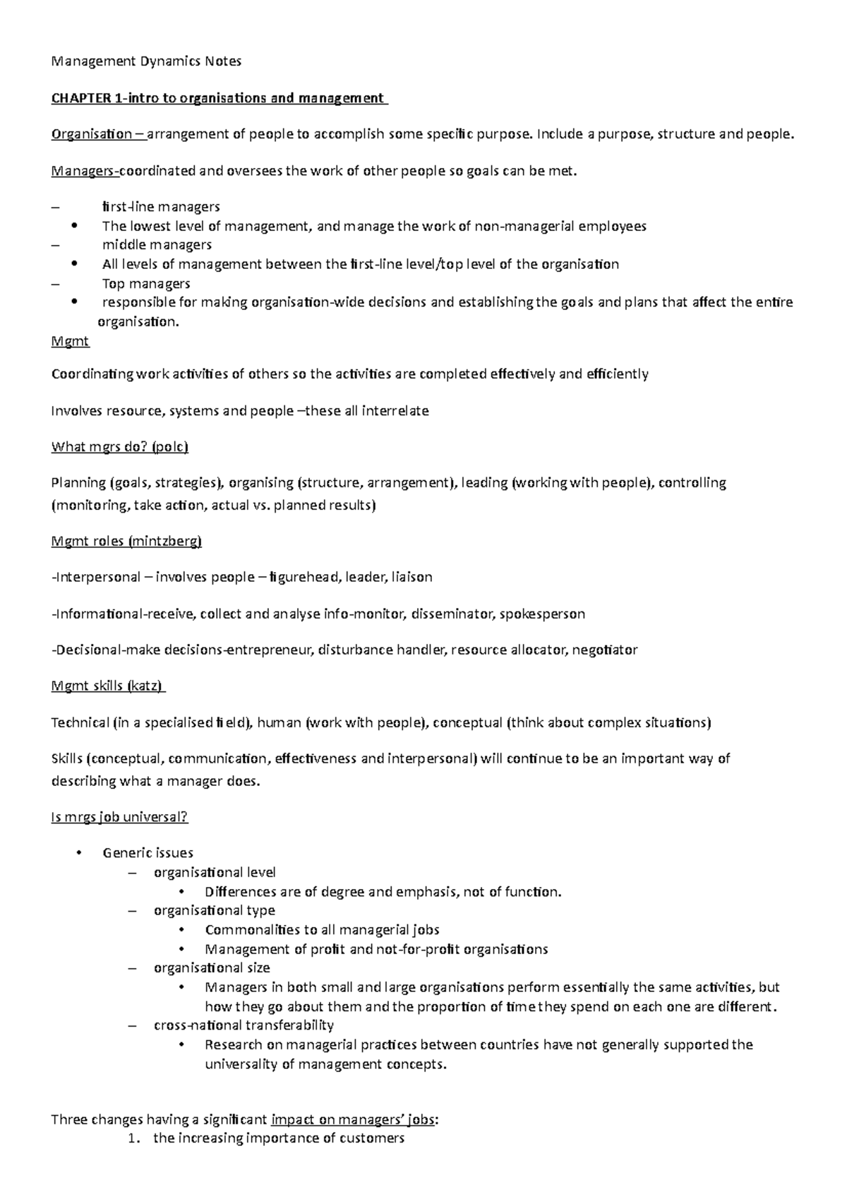 Management Dynamics Notes - Management Dynamics Notes CHAPTER 1-intro ...