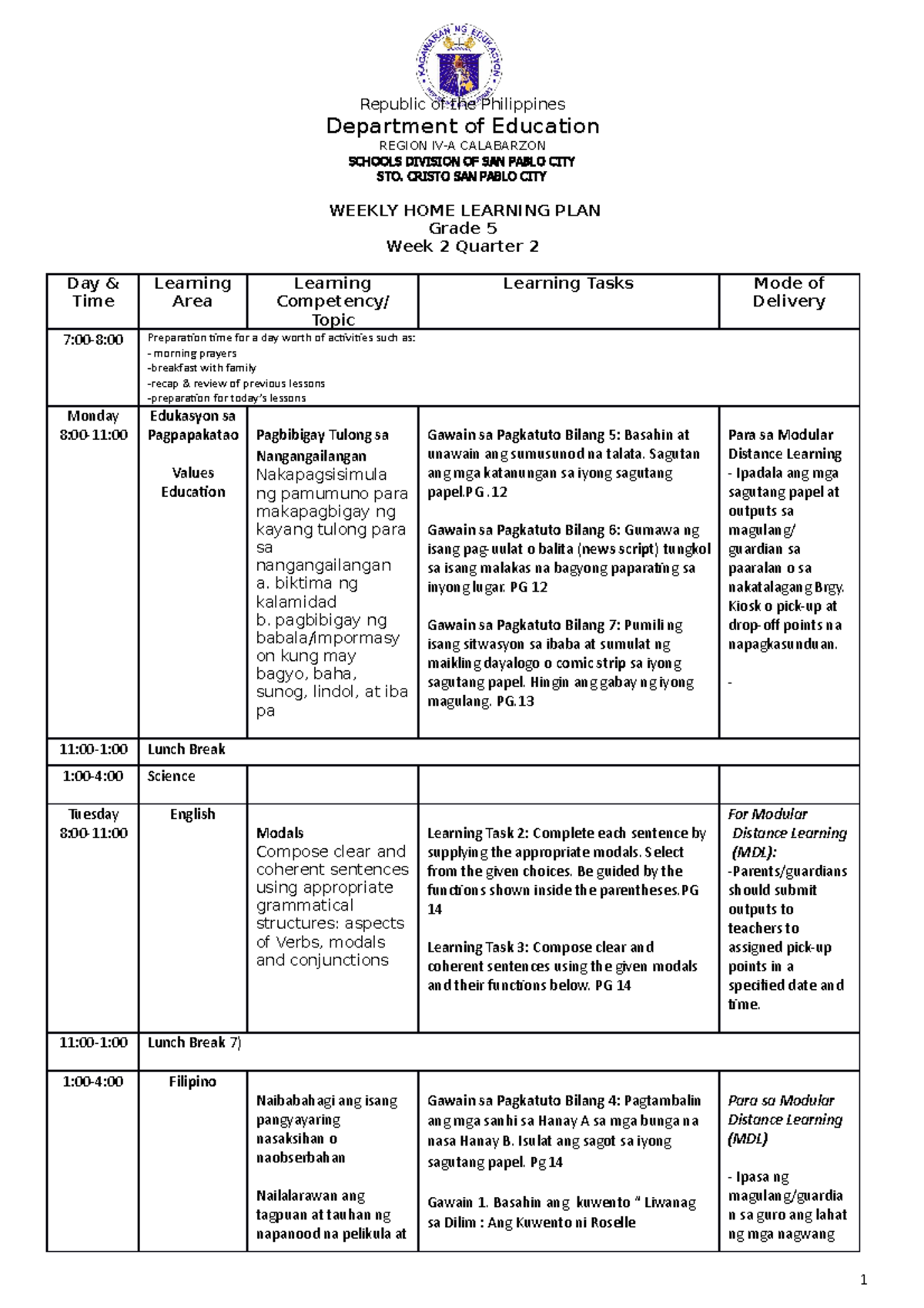 Grade-5 Q2 WHLP w2 - weekly home learning plan - Republic of the ...