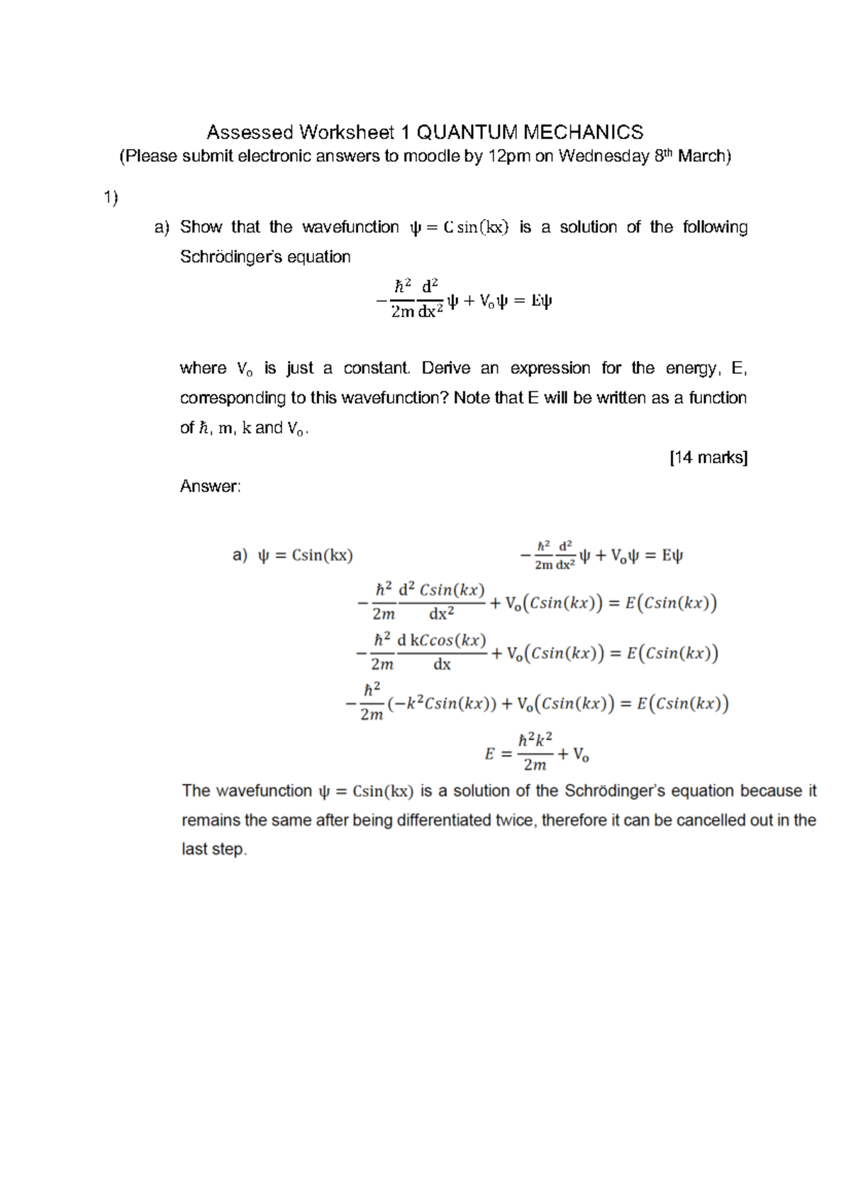 Assessed Worksheet 1 Quantum Mechanics worked examples - Assessed ...