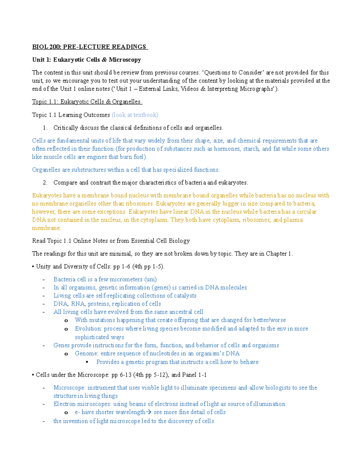 BIOL 200 pre-lecture readings #1 - BIOL 200: PRE-LECTURE READINGS Unit ...