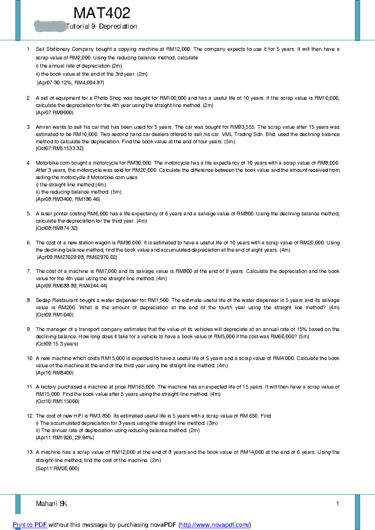 MAT 402 Tutorial 2 - MAT112||Tutorial 9- Depreciation Mahani SK 1 Sail ...