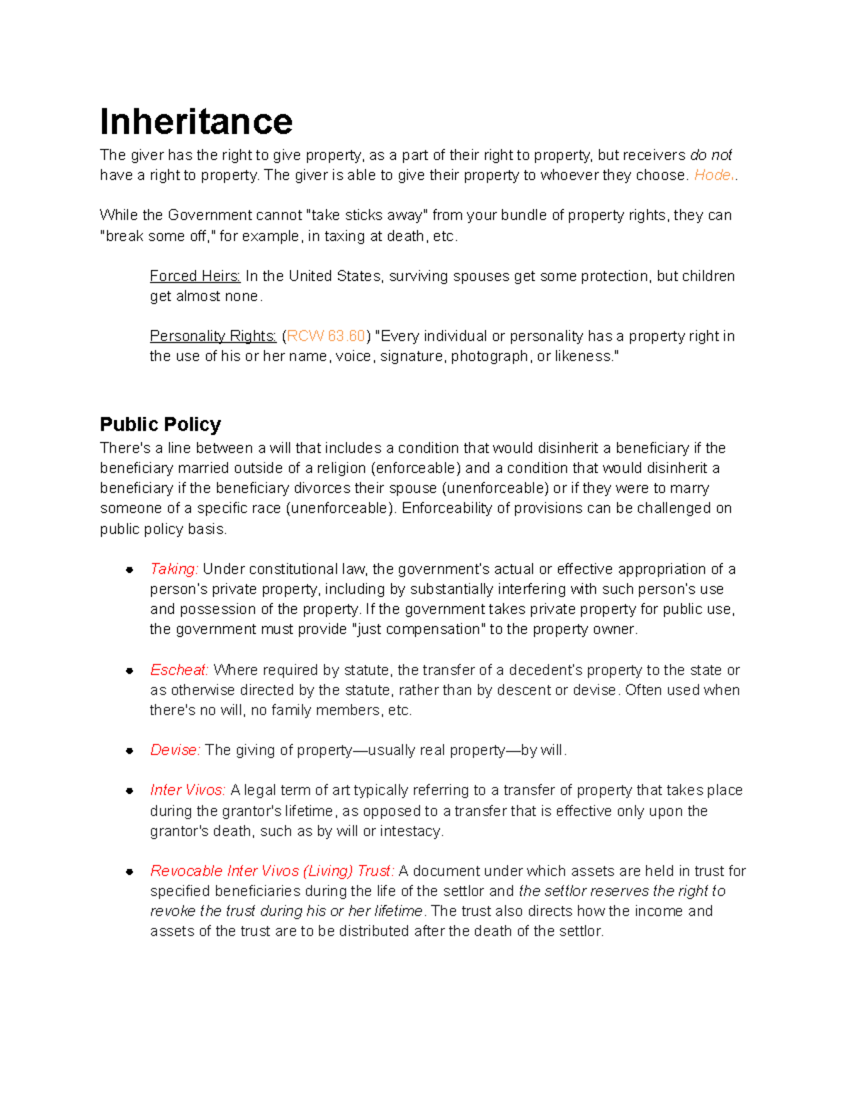 Trusts and Estates Outline - Inheritance The giver has the right to ...