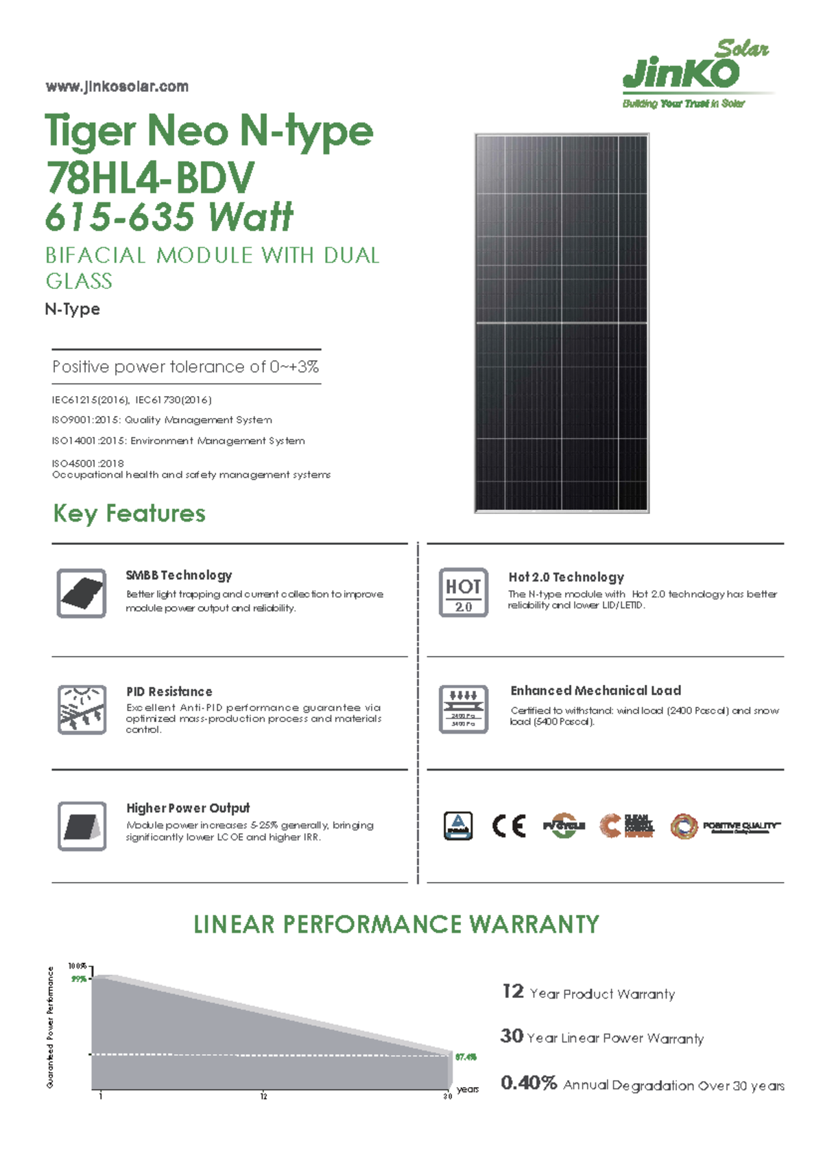 JKM615 635N 78HL4 BDV F7 EN - Positive power tolerance of 0~+3% ISO9001 ...