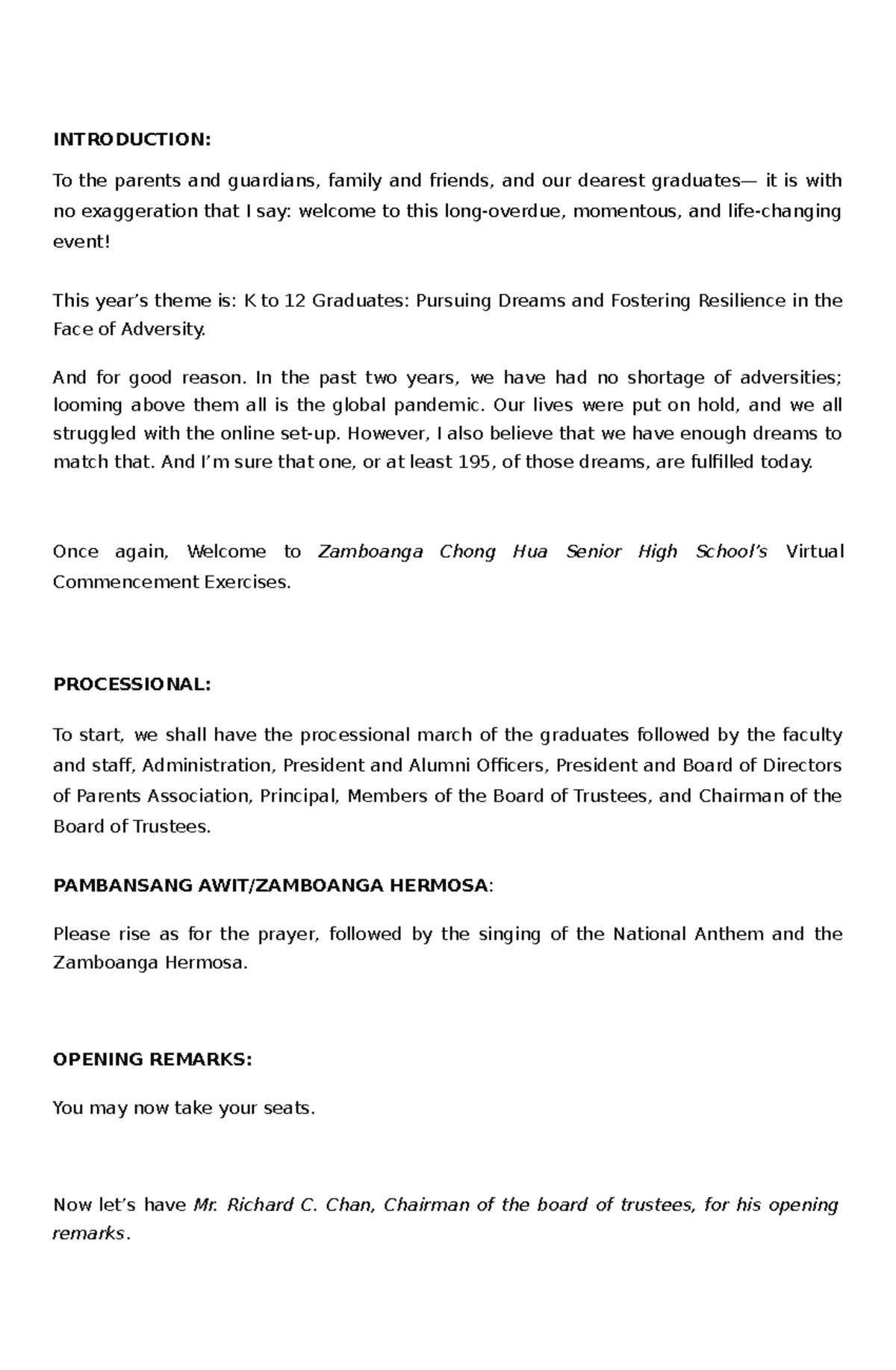 Emcee-Script-2022 - BE GOOD - INTRODUCTION: To the parents and ...