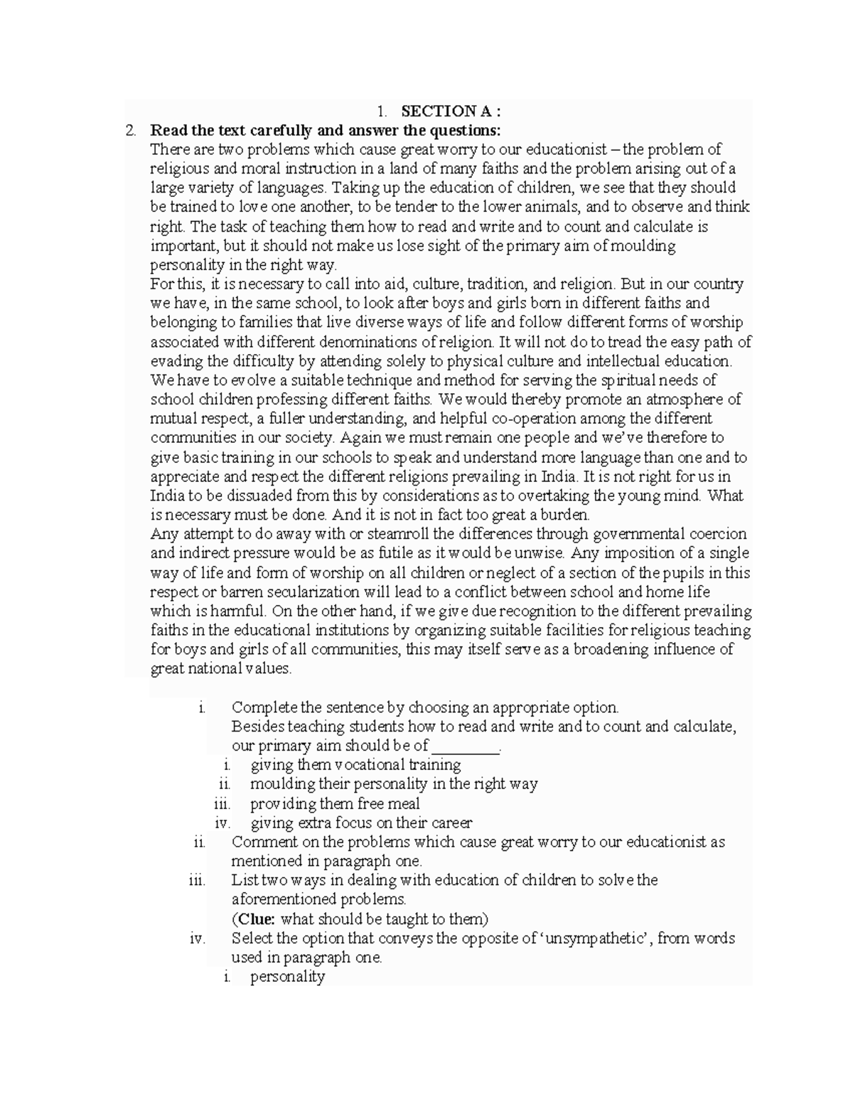 Final Question paper 11 - 1. SECTION A : Read the text carefully and ...