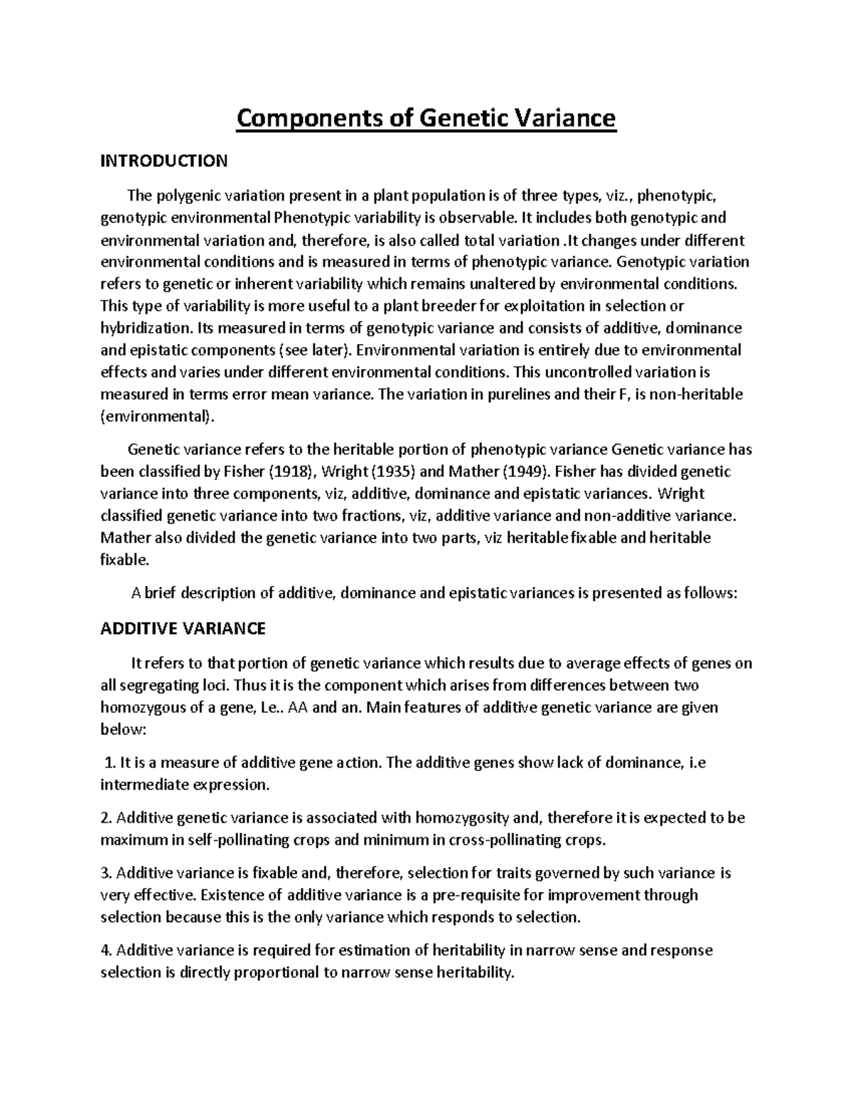 GPB-417 Components of genetic variance - Components of Genetic Variance ...