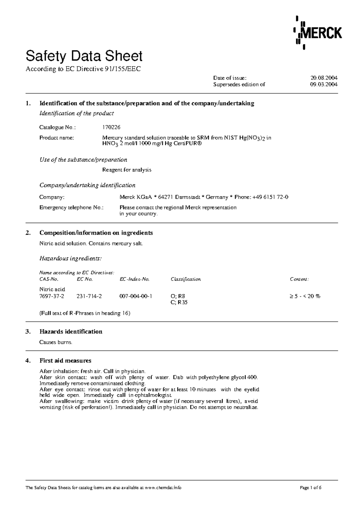 Mercury Standard Solution - Safety Data Sheet According to EC Directive ...