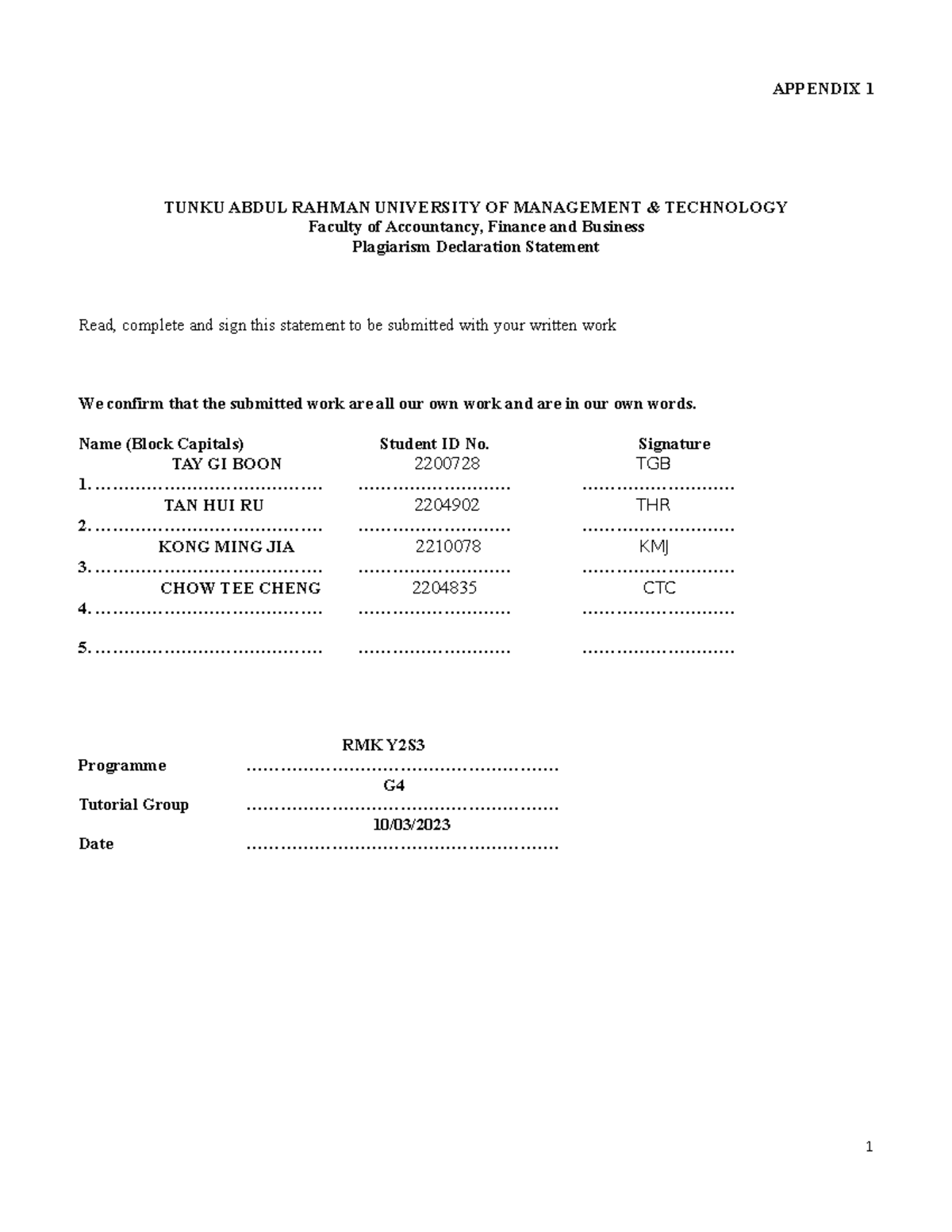Principles Of Marketing (BBDT1013) - APPENDIX 1 TUNKU ABDUL RAHMAN ...